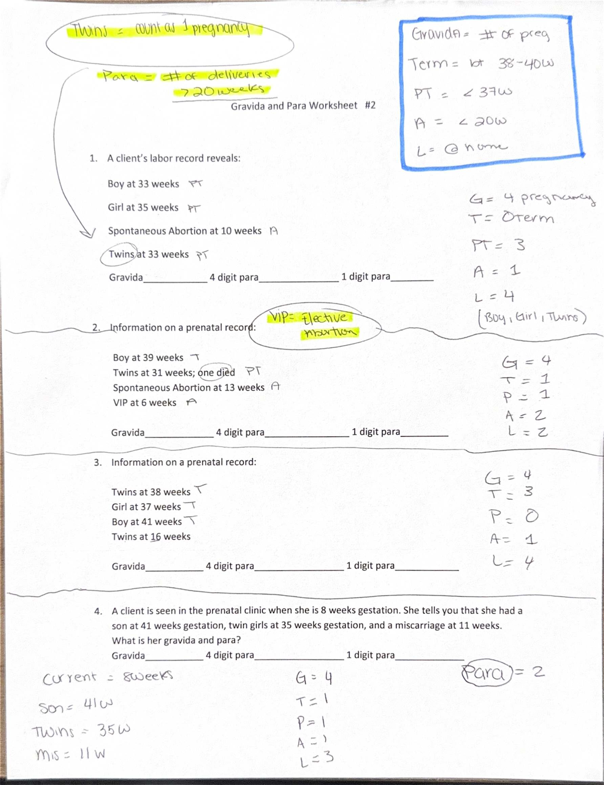 Gravida and Para Worksheet for Pregnancy Records (Gravida 4, Para 1 ...