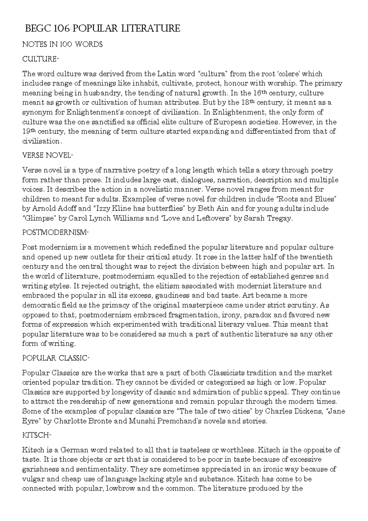 BEGC 106 Final Exam Reference Notes on Popular Literature Concepts ...