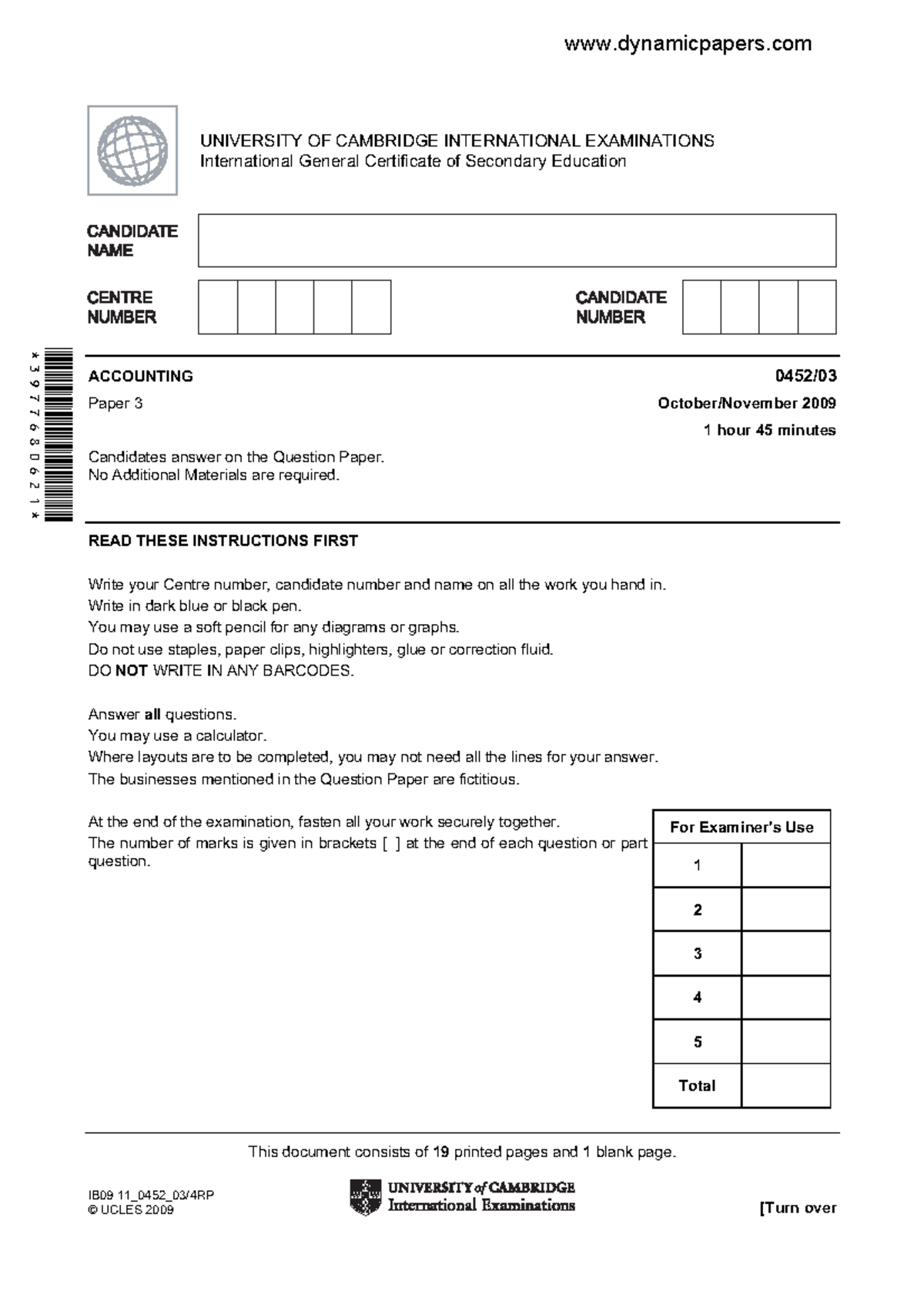 Accounting Paper 3 (0452 w09) - Learners Exam Instructions ...