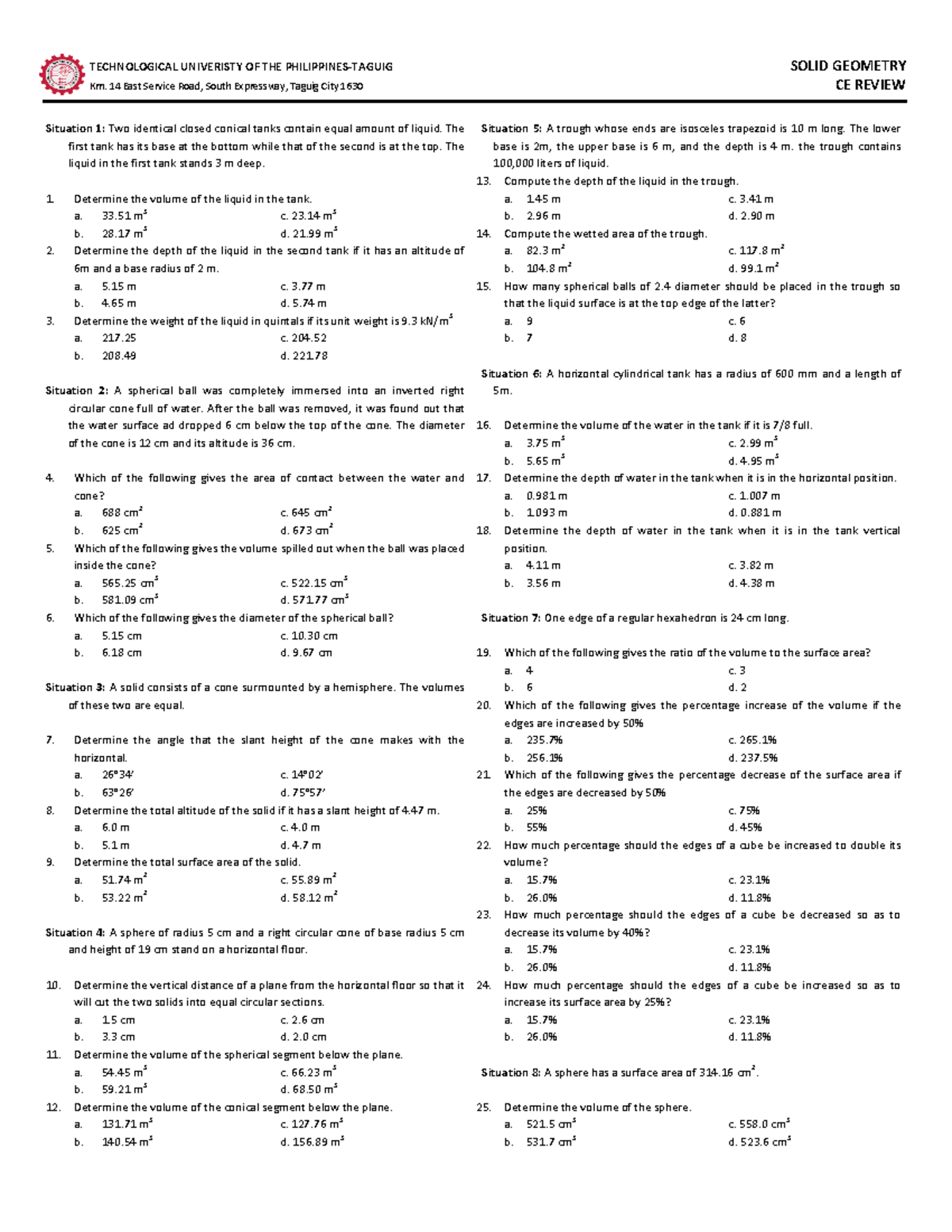 Solid Geometry Test Exam (CE Review) - Technological University of the ...