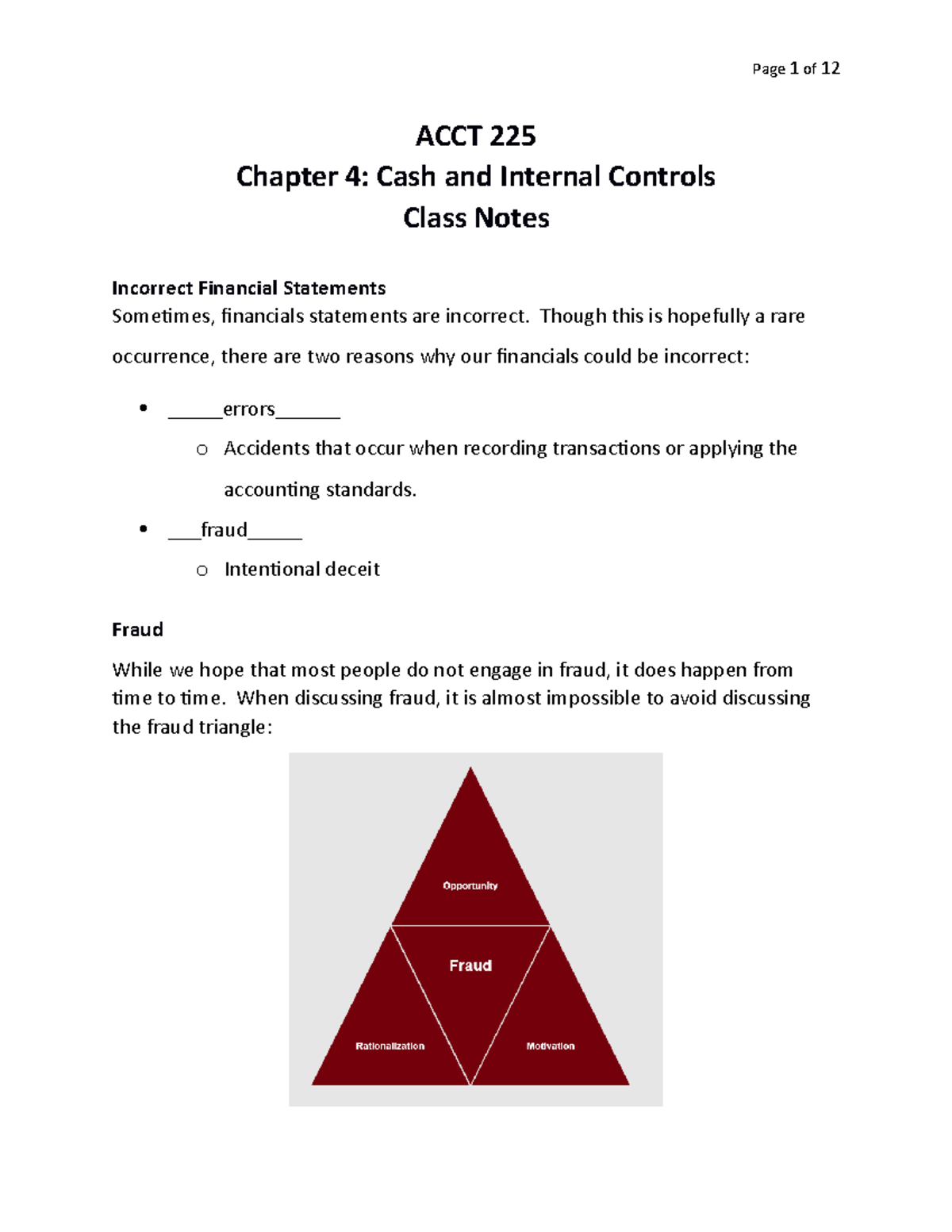 ACCT 225 Chapter 4 Class Notes: Cash & Internal Controls Overview - Studocu