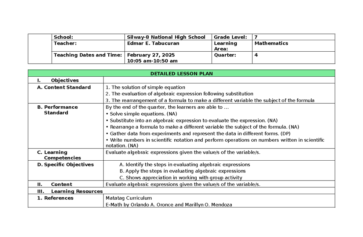Grade 7 Math Detailed Lesson Plan: Solving Equations & Expressions ...