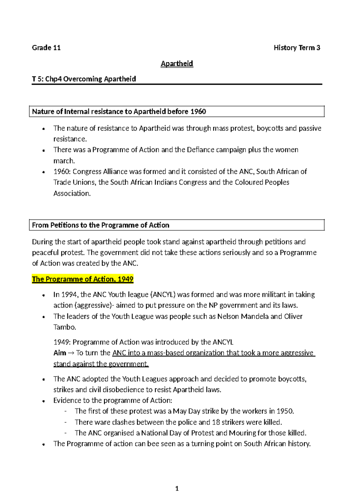 Grade 11 History Term 3: Internal Resistance to Apartheid (Ch 4) - Studocu