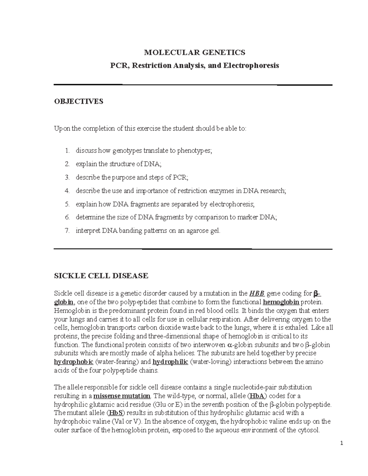 Sickle Cell Lab Handout: Molecular Genetics Overview F22 - Studocu