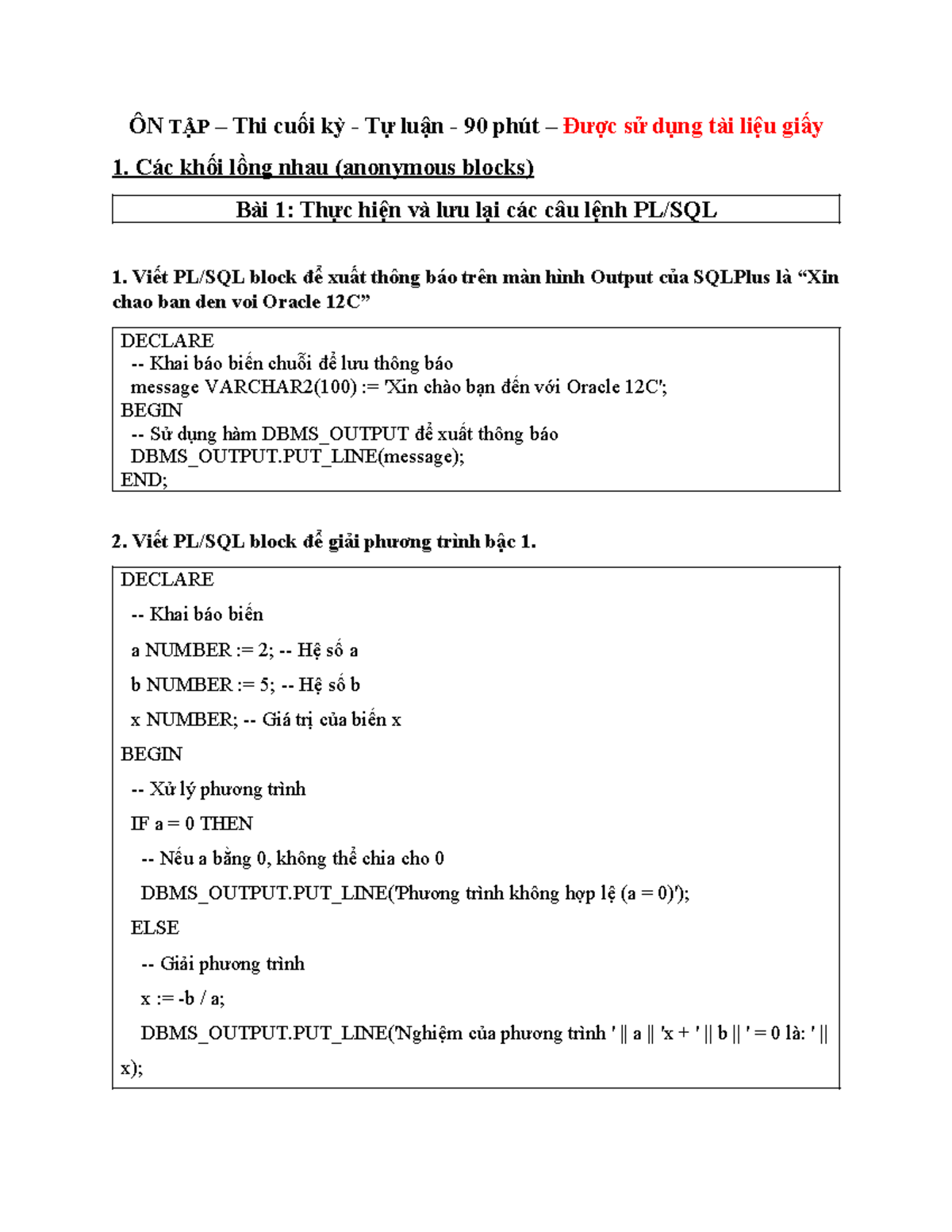 Ôn Tập Ôn Thi Cuối Kỳ Oracle - PL/SQL Cơ Bản - Studocu