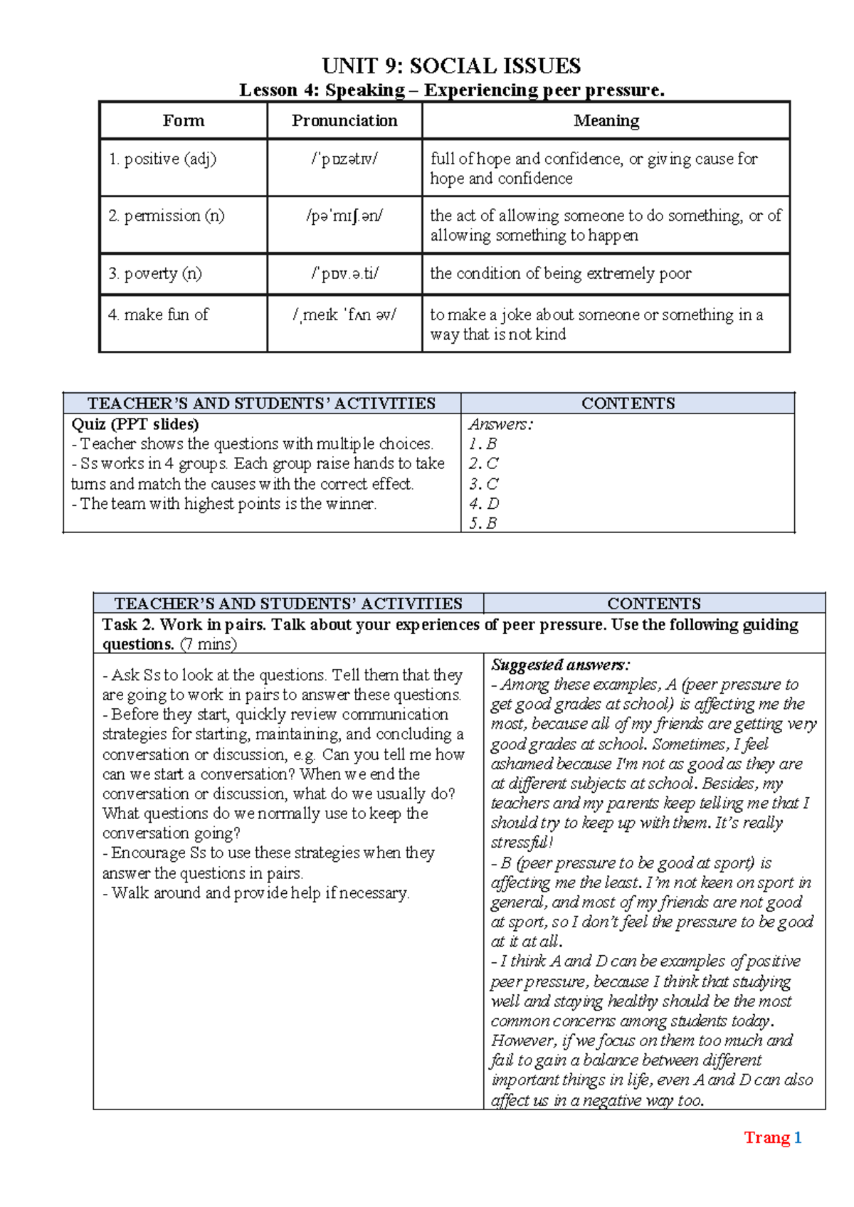 UNIT 9: SOCIAL ISSUES Lesson 4: Peer Pressure and Bullying Activities ...