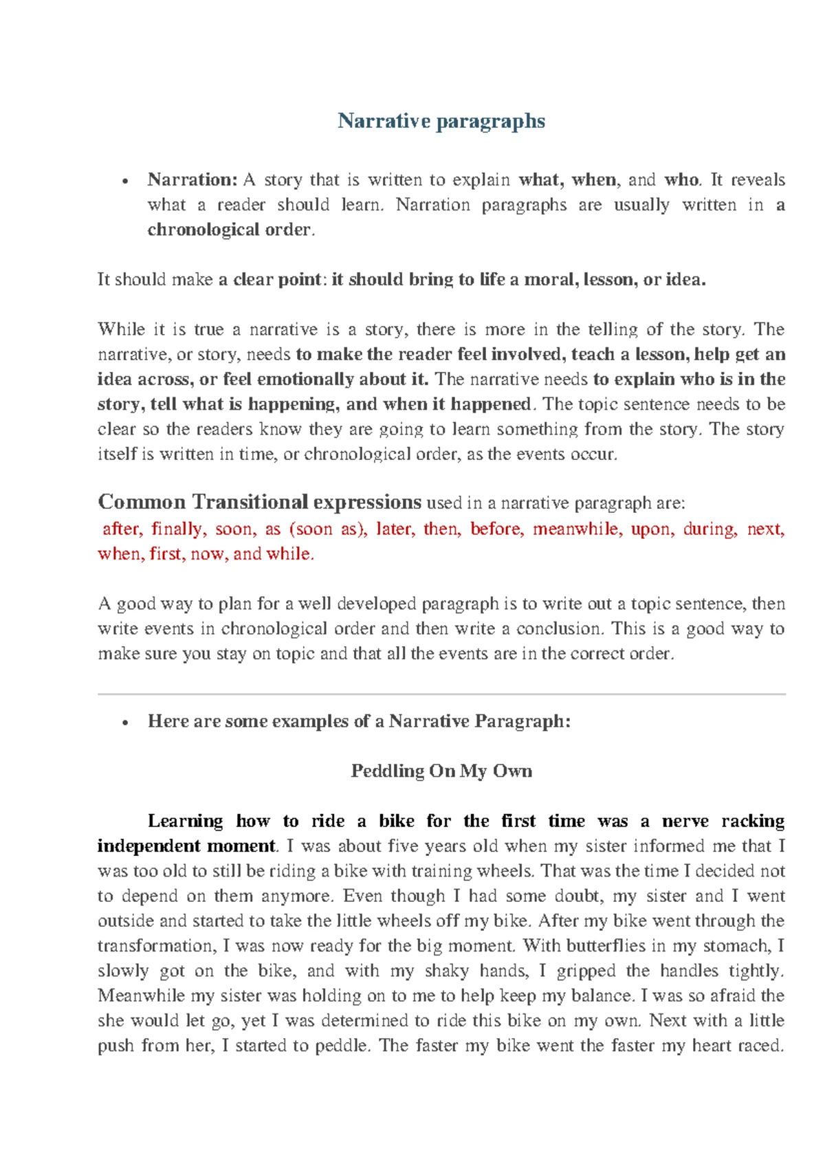 Examples of narrative paragraphs - Narrative paragraphs Narration: A ...