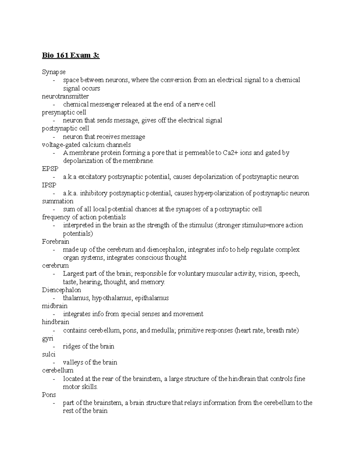 Bio 161 Exam 3 Study Notes: Anatomy & Physiology of the Nervous System ...