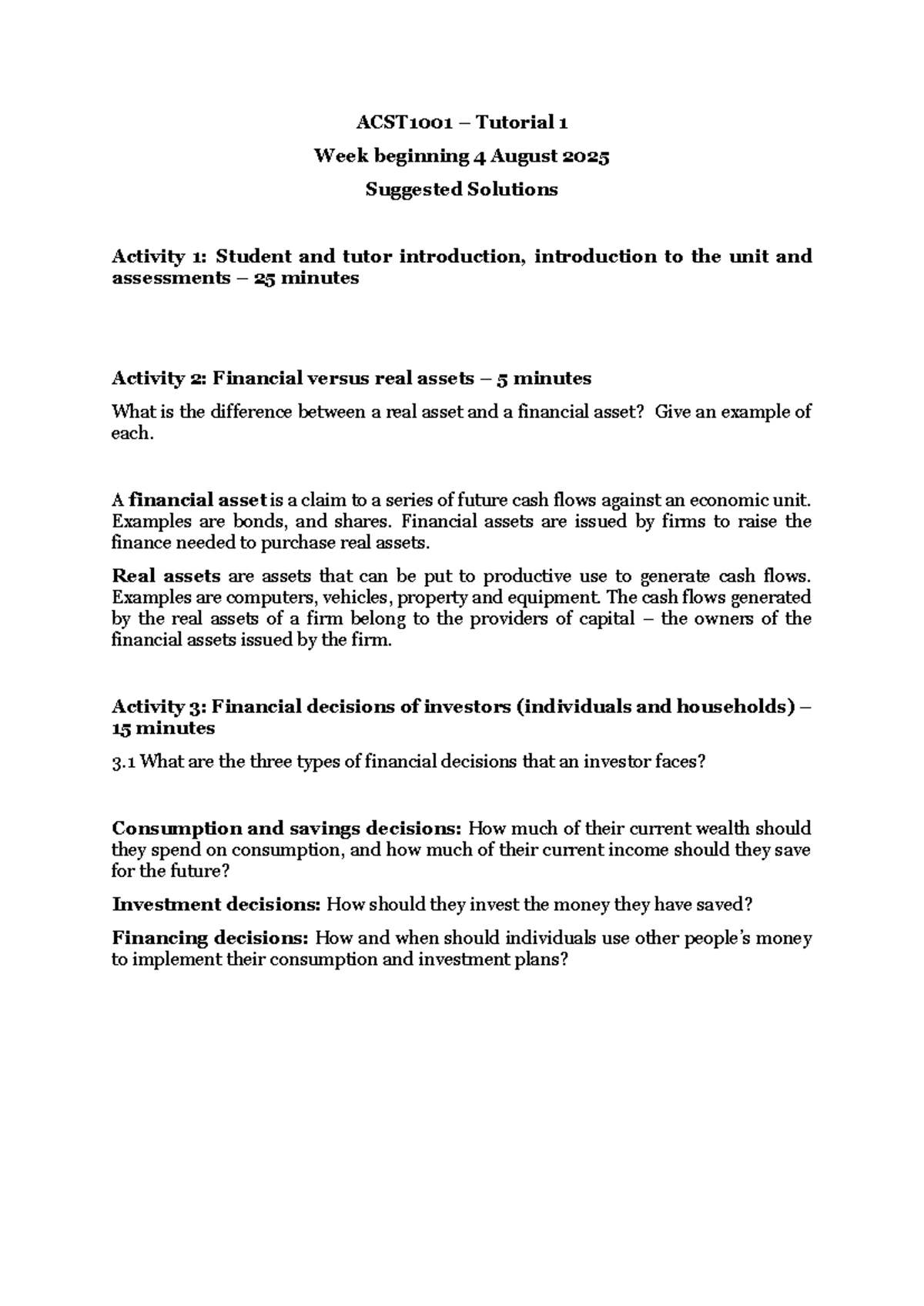 ACST1001 Week 1 Tutorial Suggested Solutions and Activities - Studocu