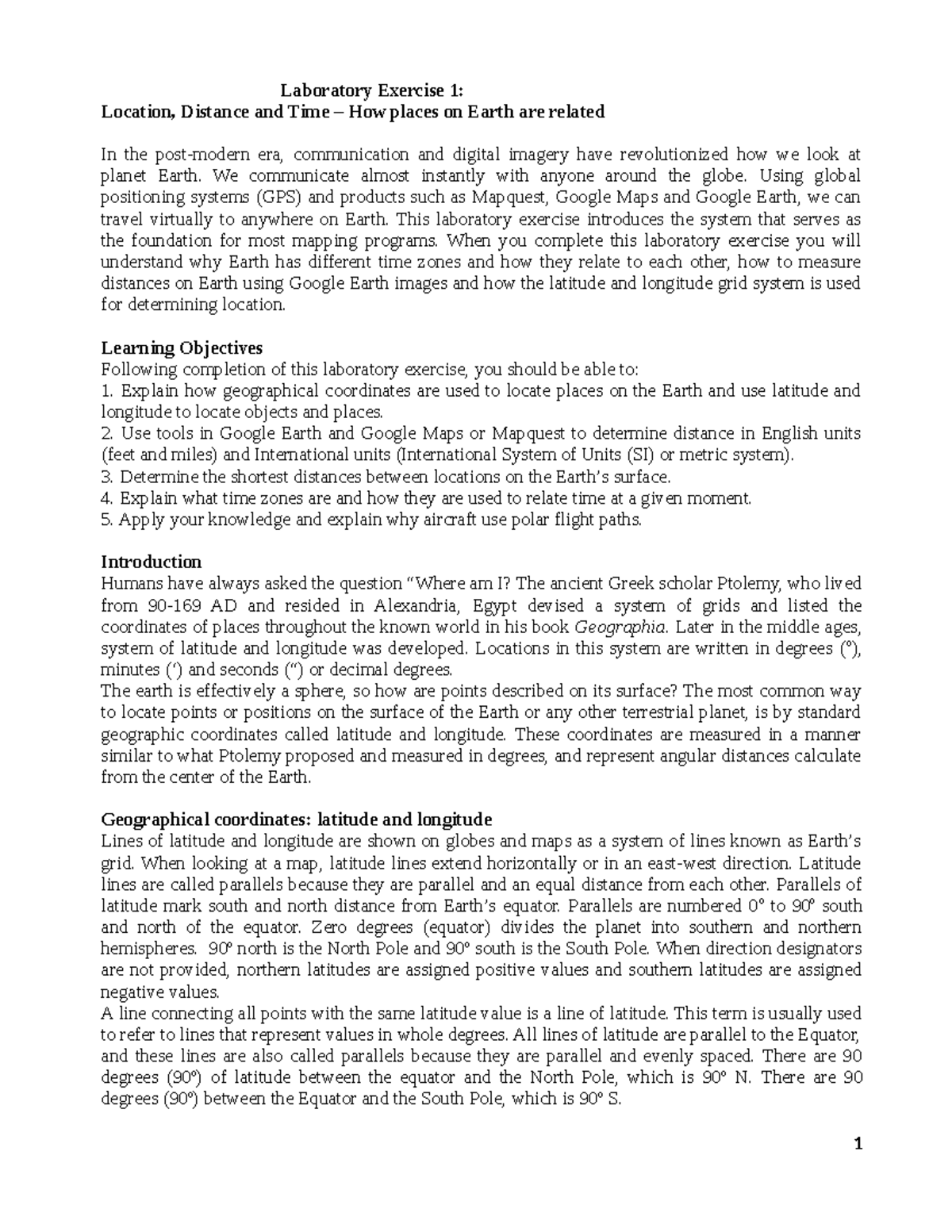 Geol lab 1 - N/A - Laboratory Exercise 1: Location, Distance and Time – How places on Earth are ...