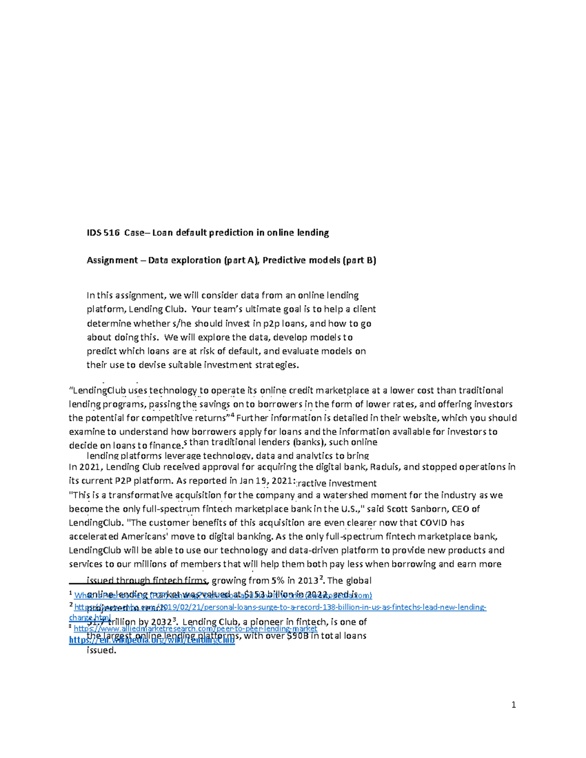 IDS 516 Case Study: Loan Default Prediction in Online Lending - Studocu