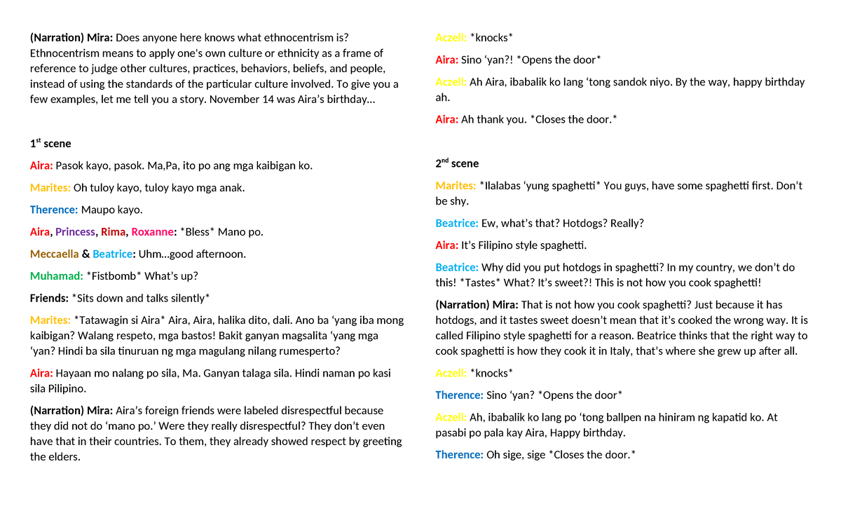 Oral Com Role Play Script: Understanding Ethnocentrism in Culture - Studocu