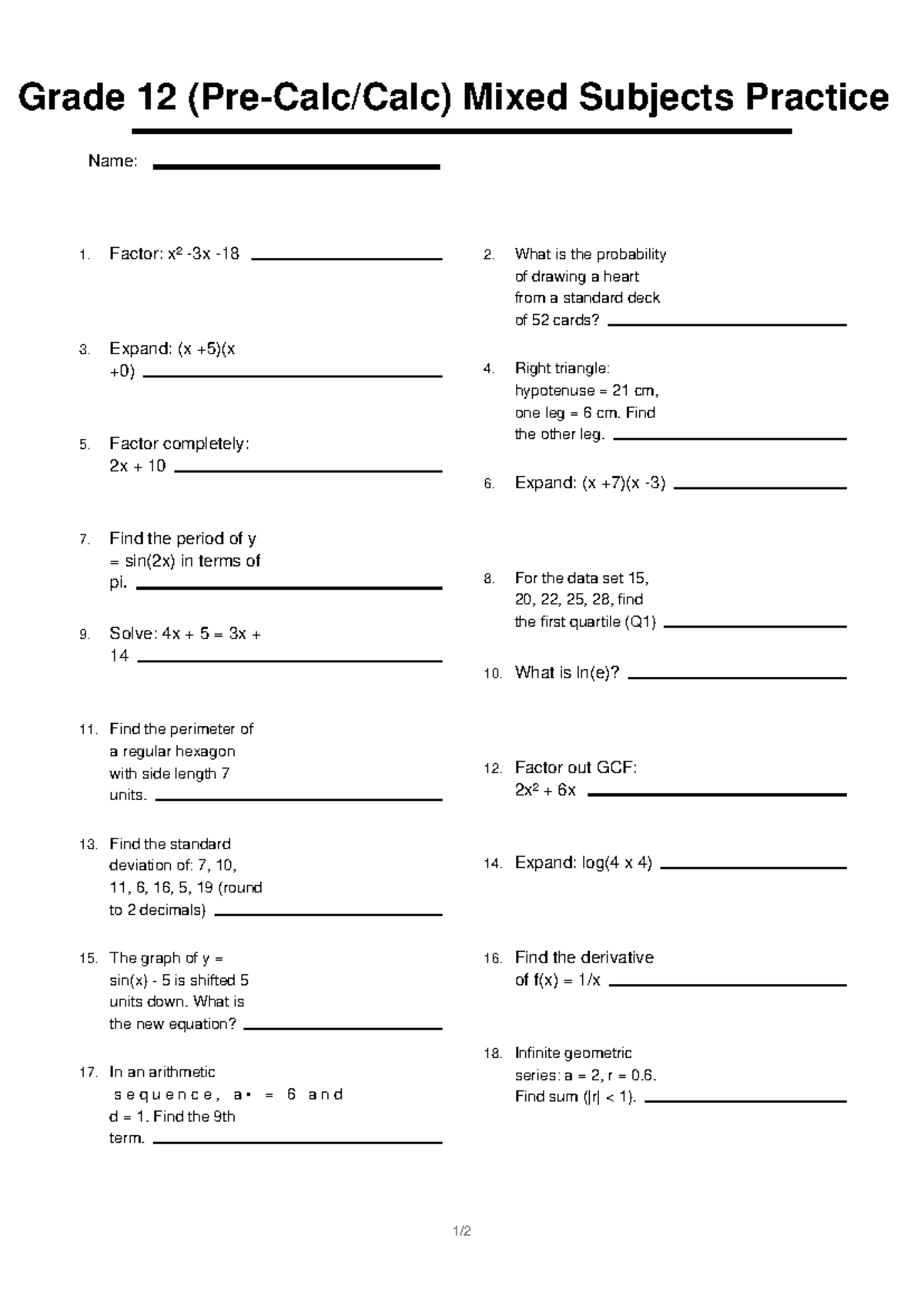 Grade 12 Math Mixed Subjects Practice (Calc) - Studocu