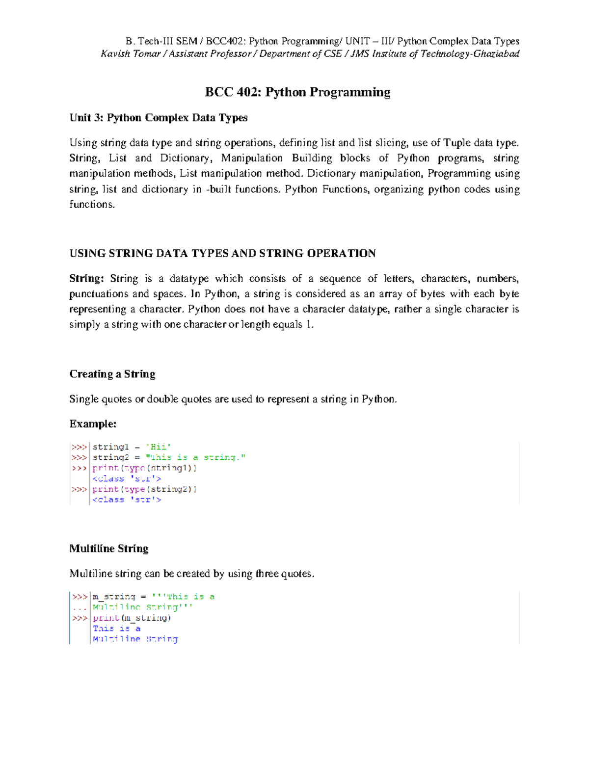BCC402: Python Unit 3 Notes on Complex Data Types and Functions - Studocu