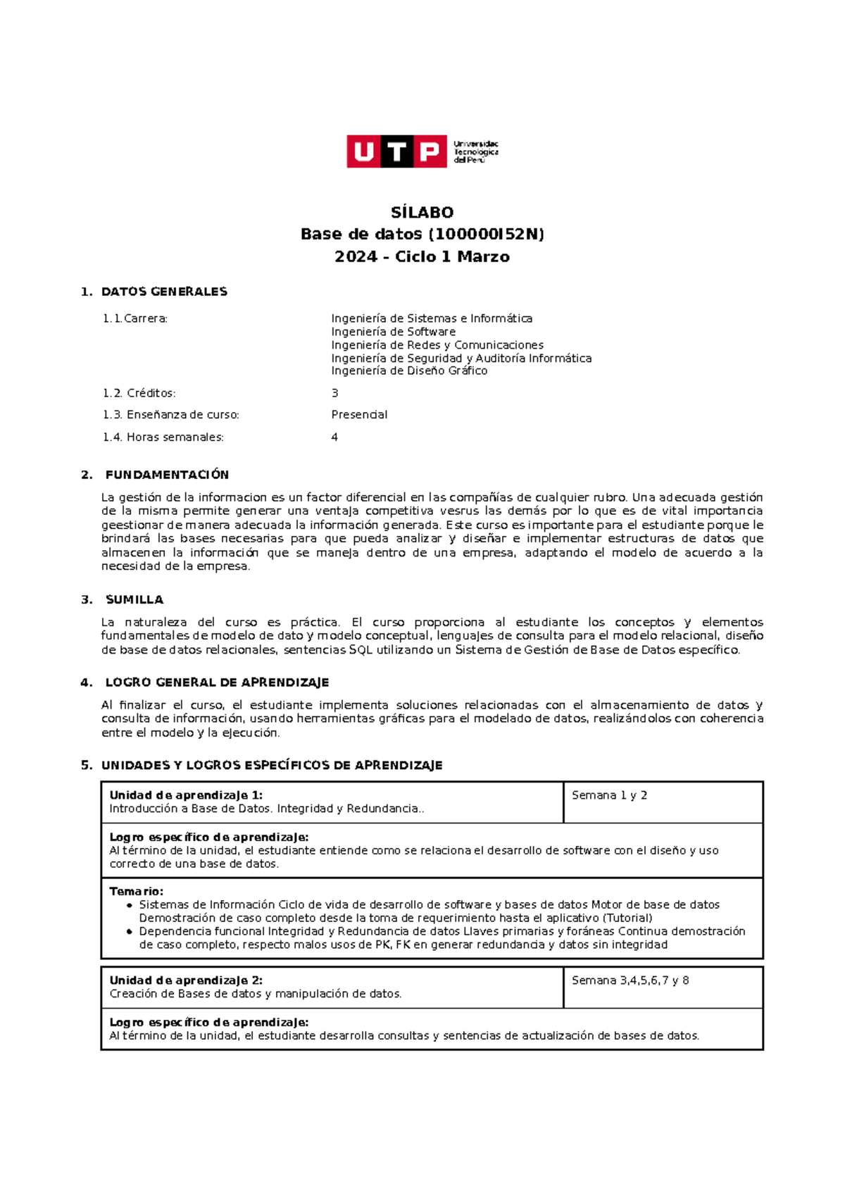 SÍLABO I52N: Curso de Base de Datos 2024 - Ciclo 1 - Studocu