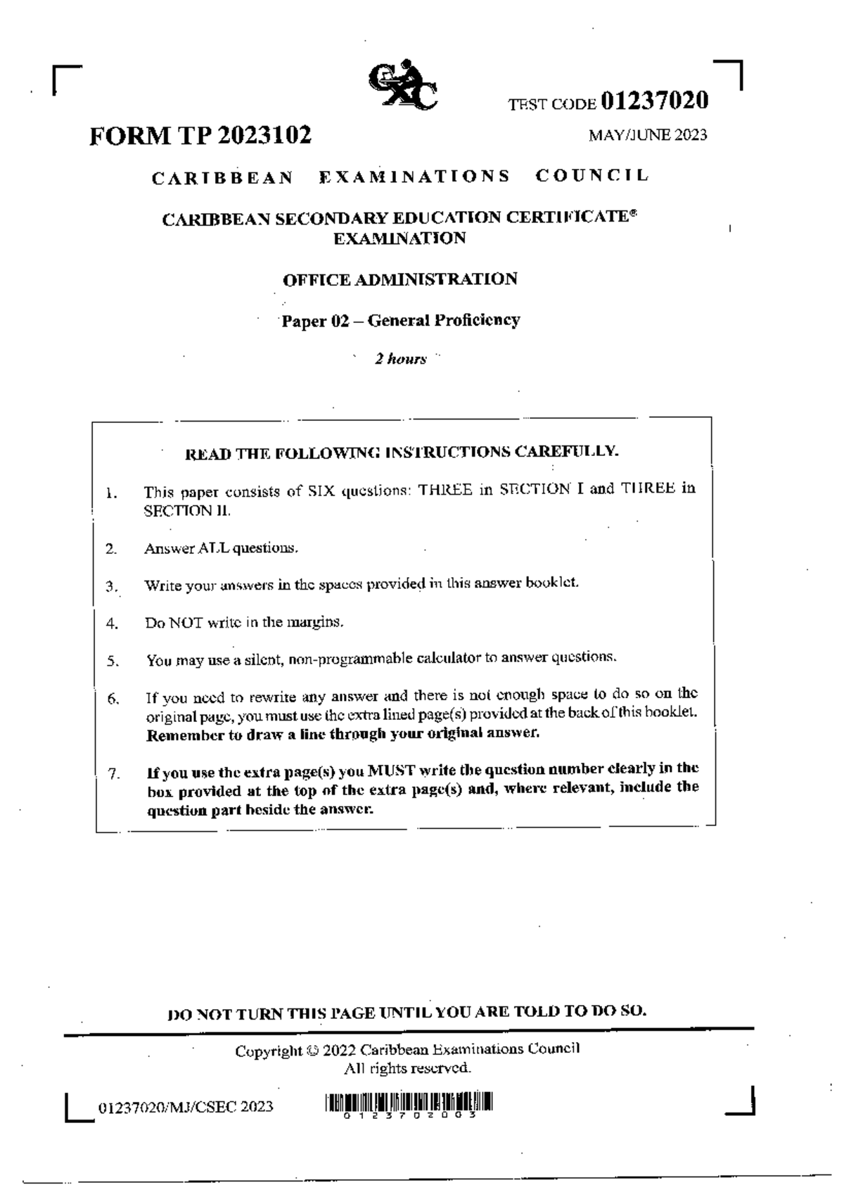 CSEC Office Administration P2 2023 Paper 02 Examination Guide - Studocu