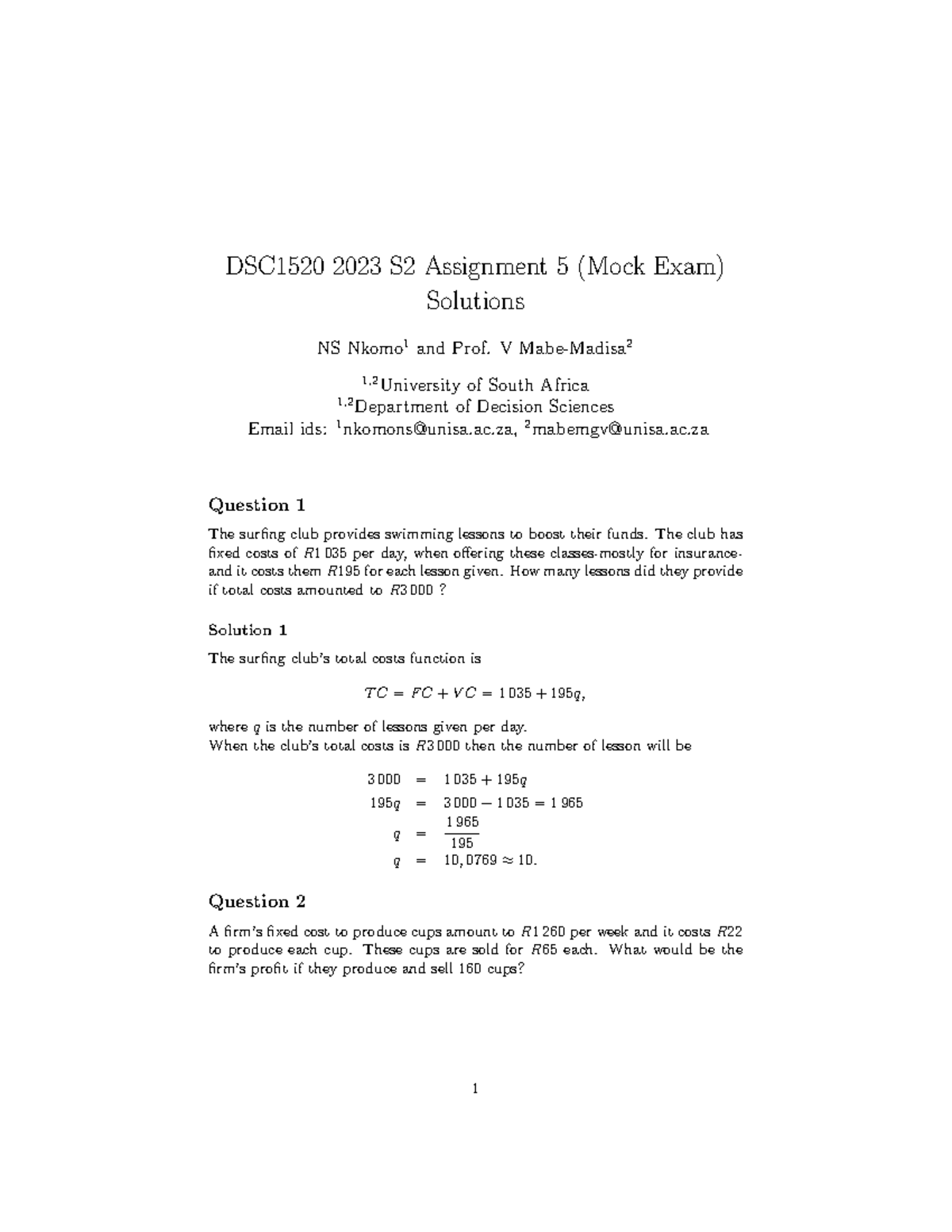 DSC1520 2023 S2 Assignment 5 Mock Exam Solutions and Answers - Studocu