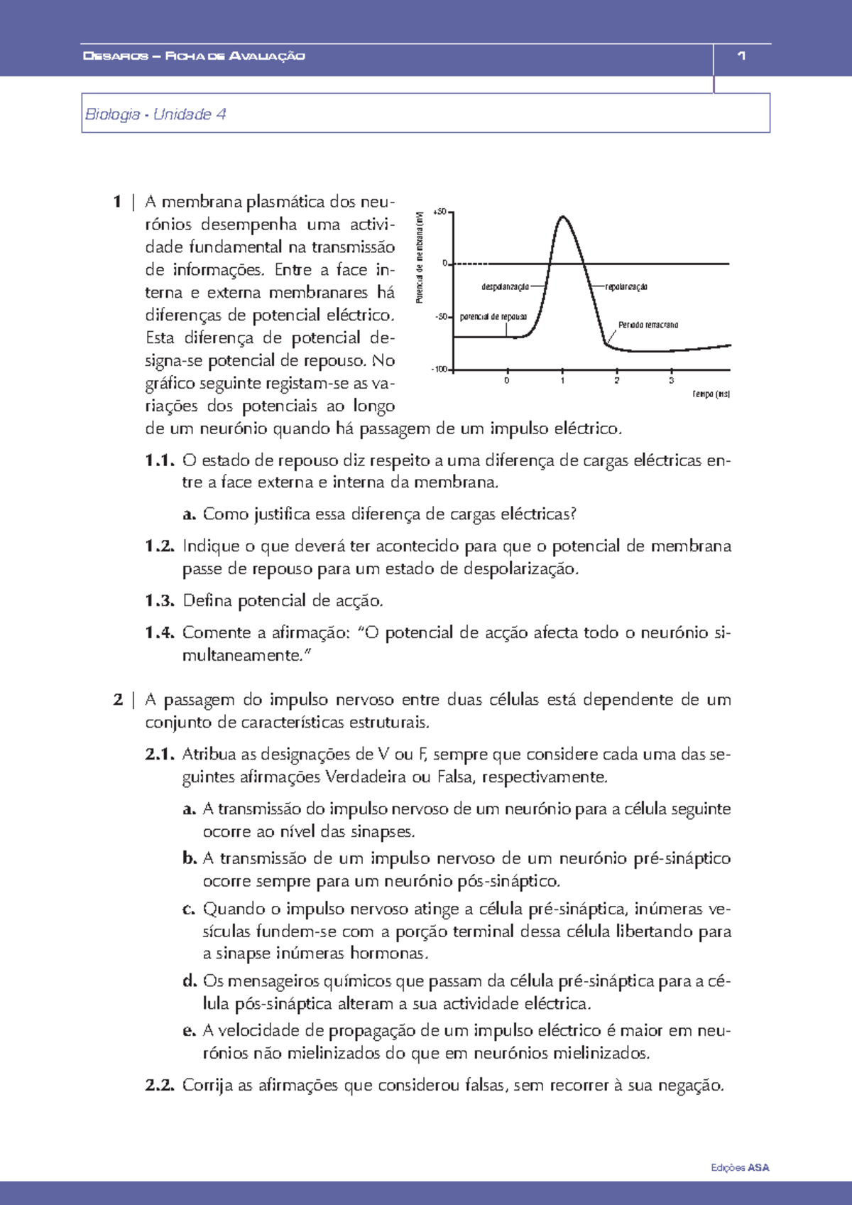Ficha de Avaliação Unidade 4 Biologia - Biologia-Unidade 1 | A membrana ...