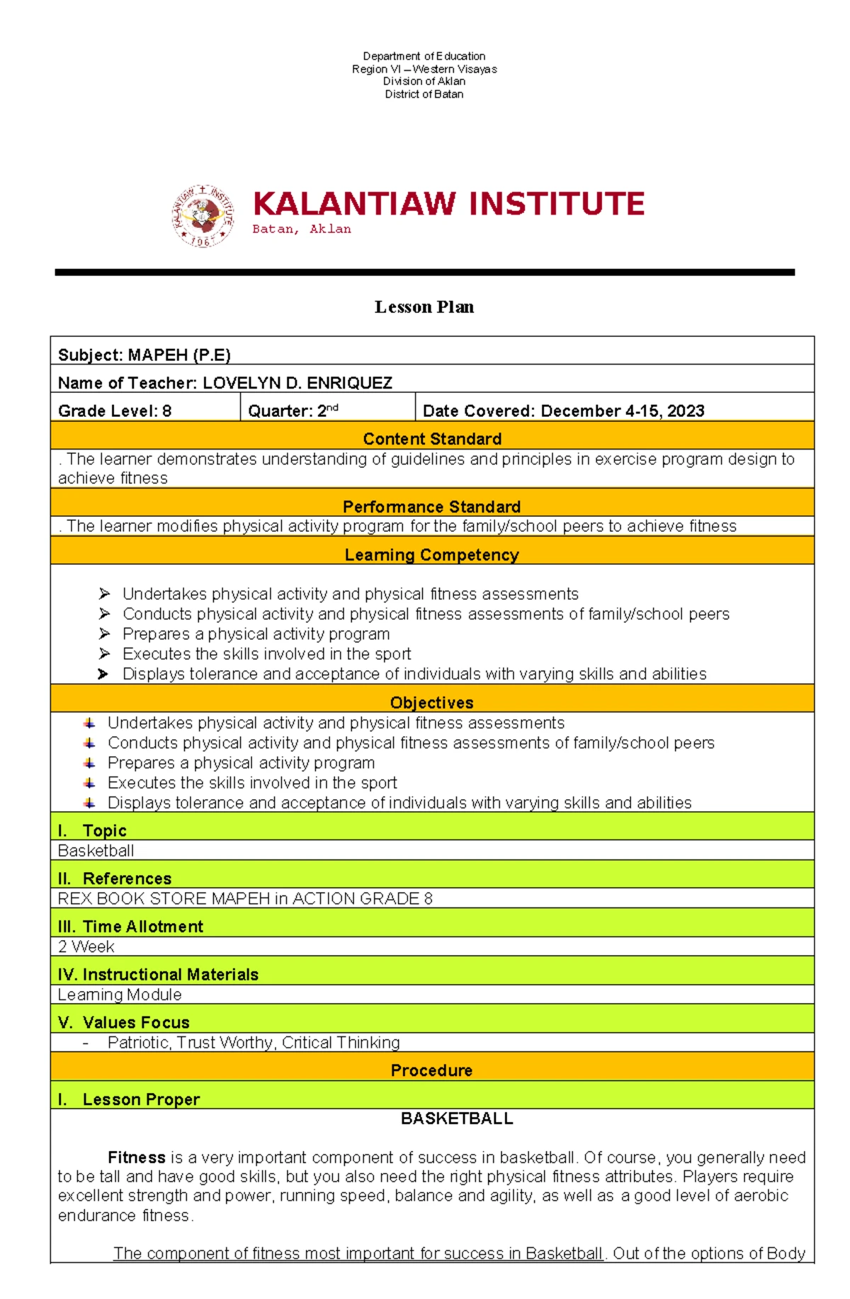 ARTS 9 Q2 Week 1 Lesson Plan: Renaissance and Baroque Art Elements ...