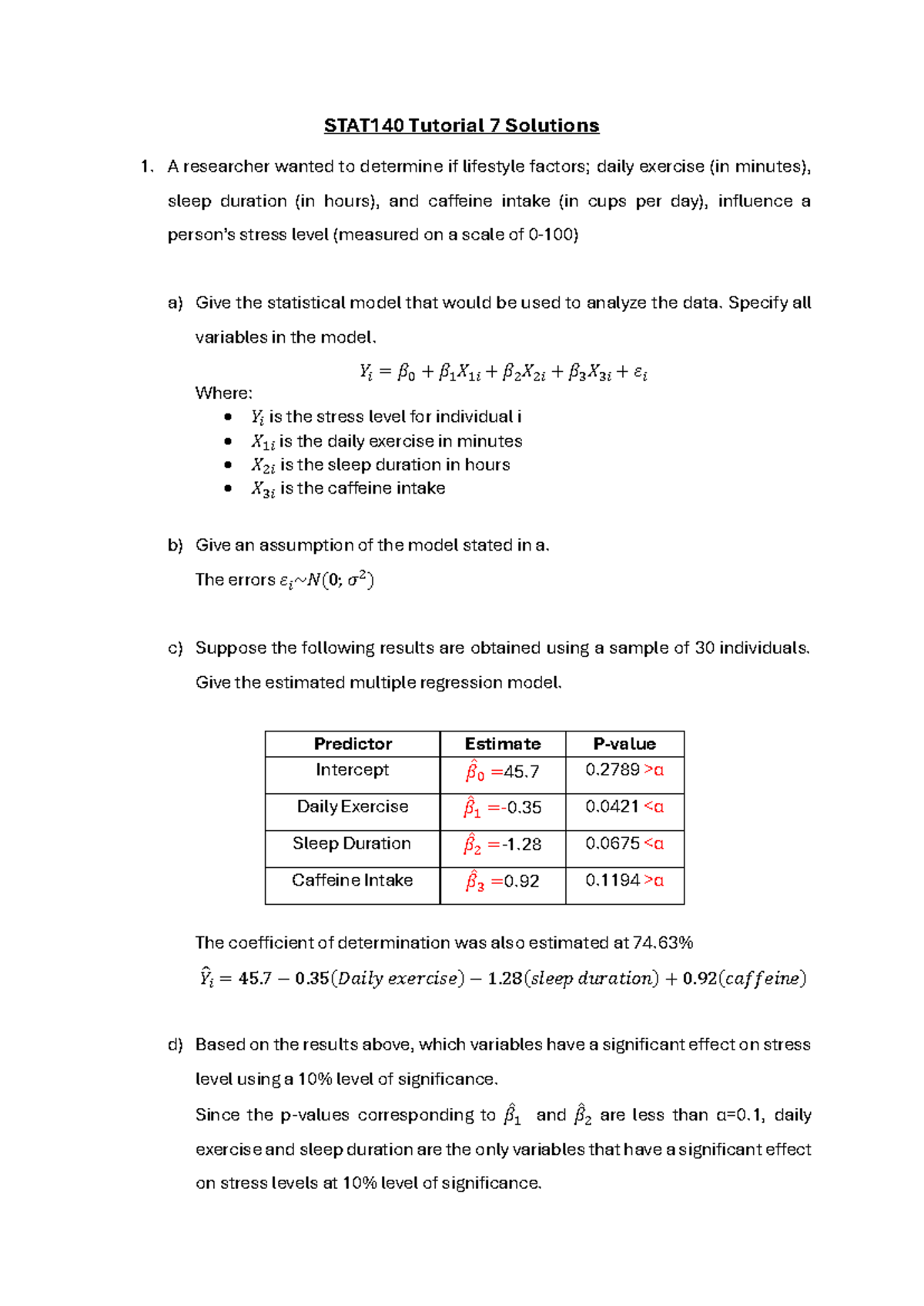 STAT140 Tutorial 7 Solutions: Regression Analysis and Findings - Studocu