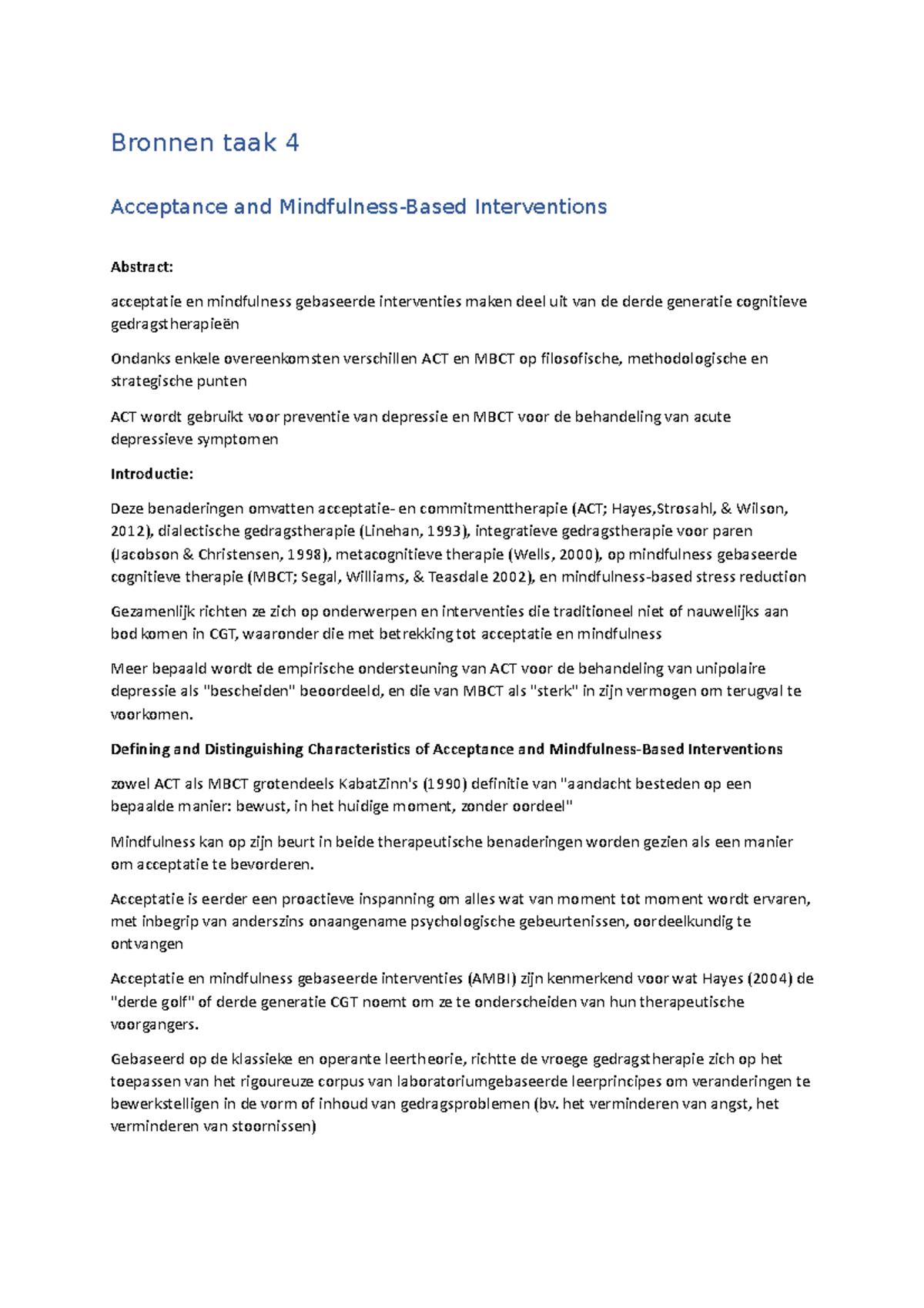 Taak 4: Samenvatting van Acceptatie- en Mindfulness-Based Interventies ...