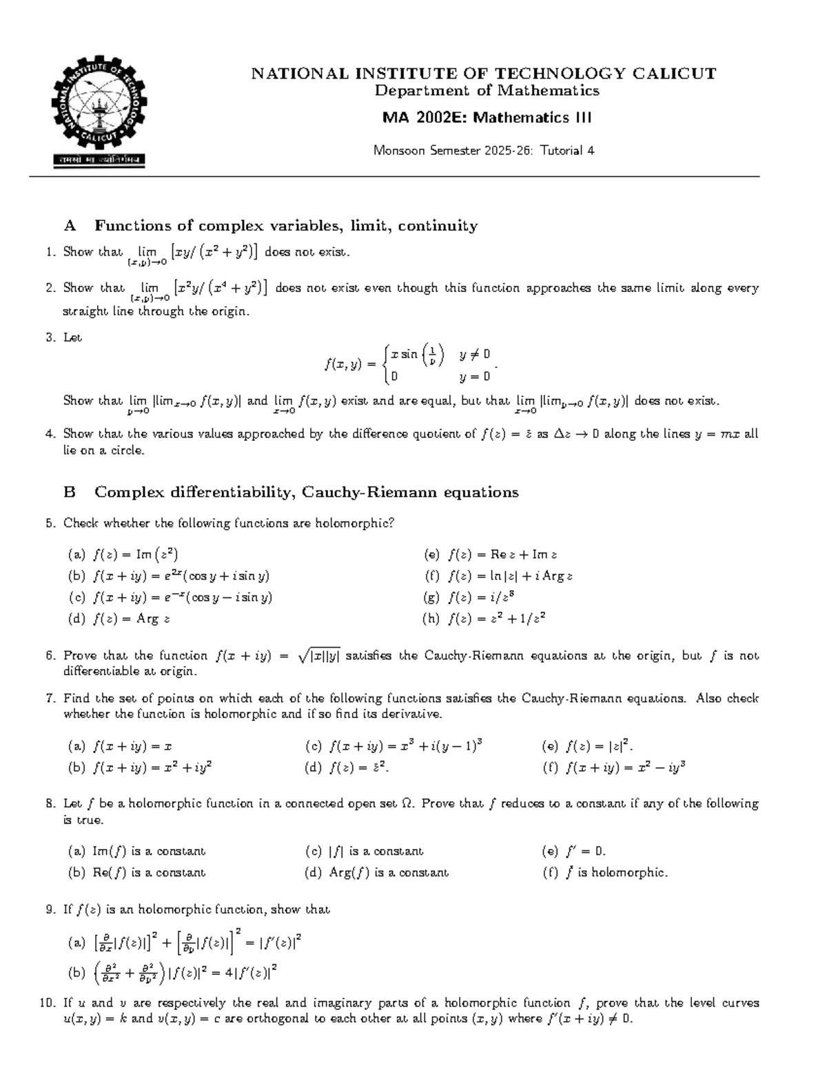 MA 2002E: Complex Variables Tutorial 4 - Limits & Holomorphic Functions ...