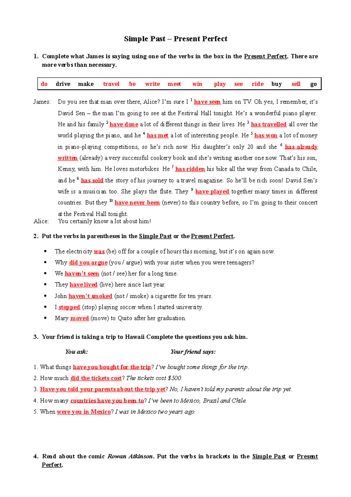 Simple Past vs Present Perfect - Worksheet 1 Answers and Exercises ...