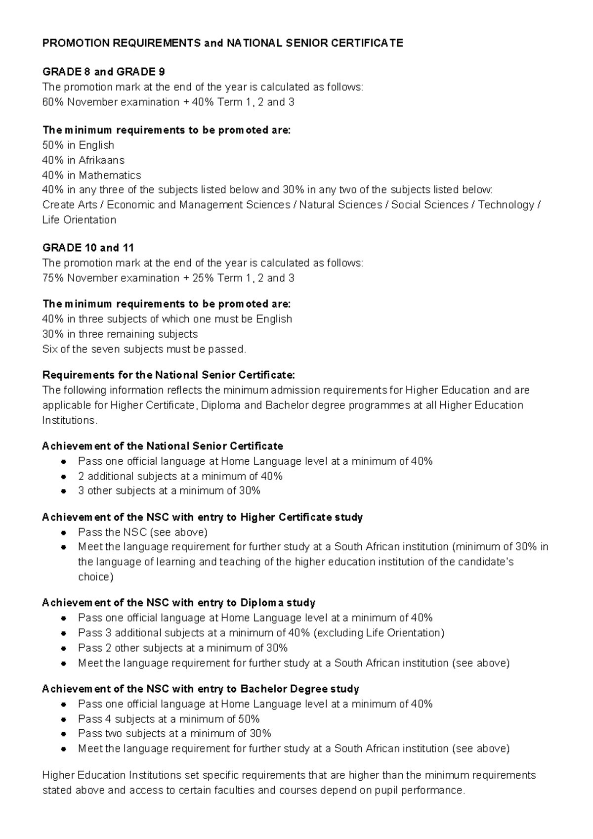 Promotion Requirements and NSC for Grades 8-11: Key Guidelines - Studocu