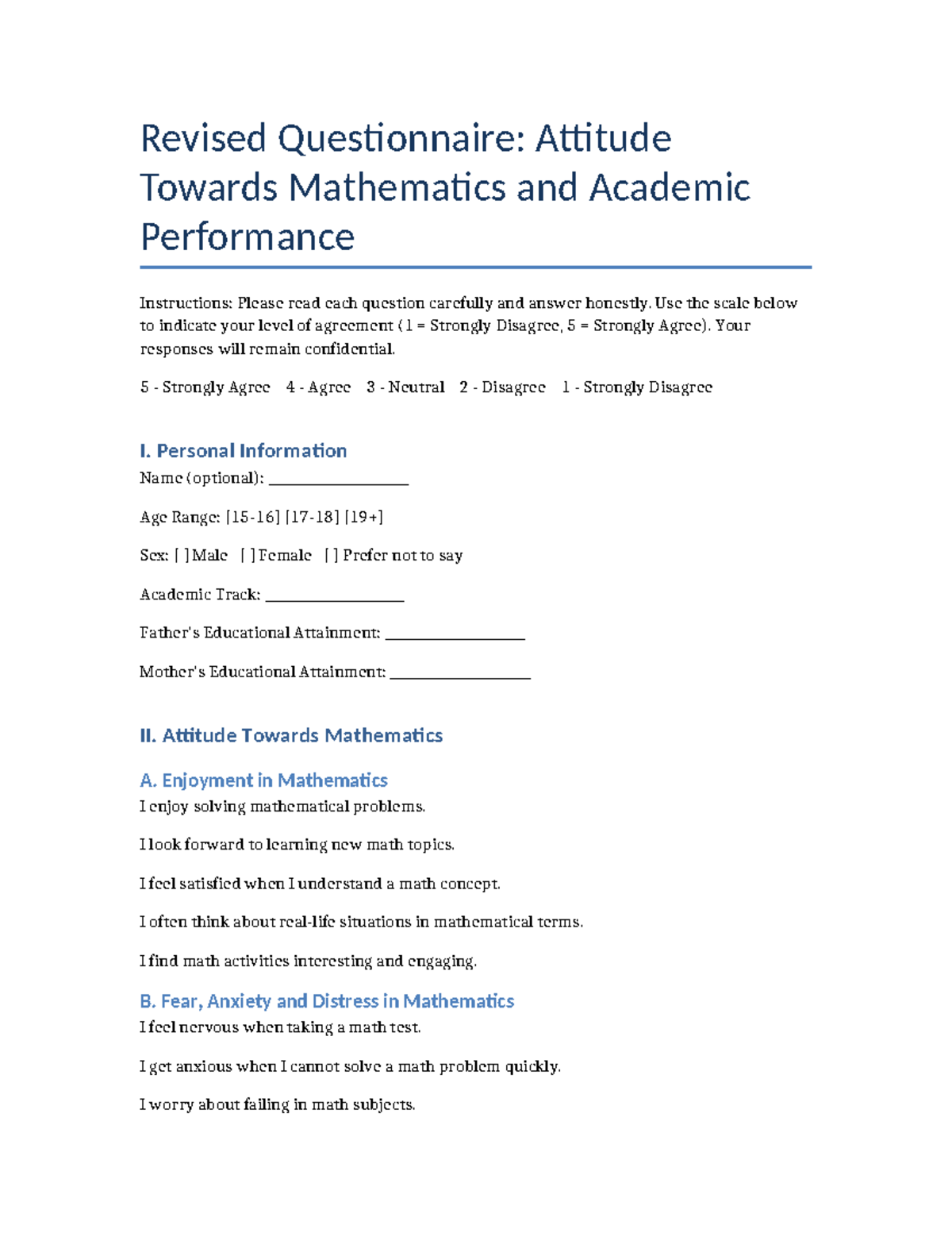 Revised Questionnaire: Attitude Towards Math & Academic Performance ...