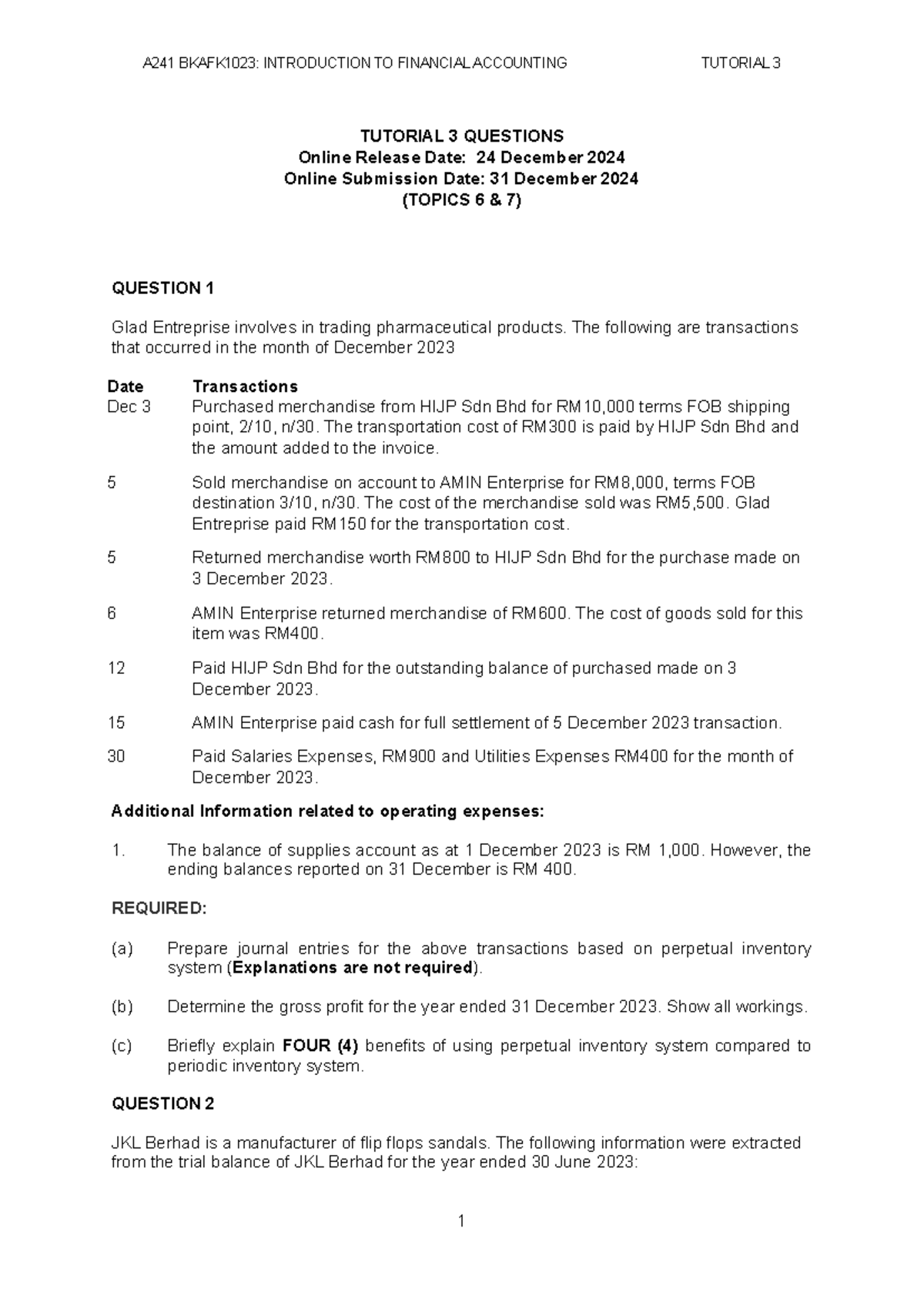 A241 Bkafk 1023 Tutorial 3 Questions & Solutions - Studocu
