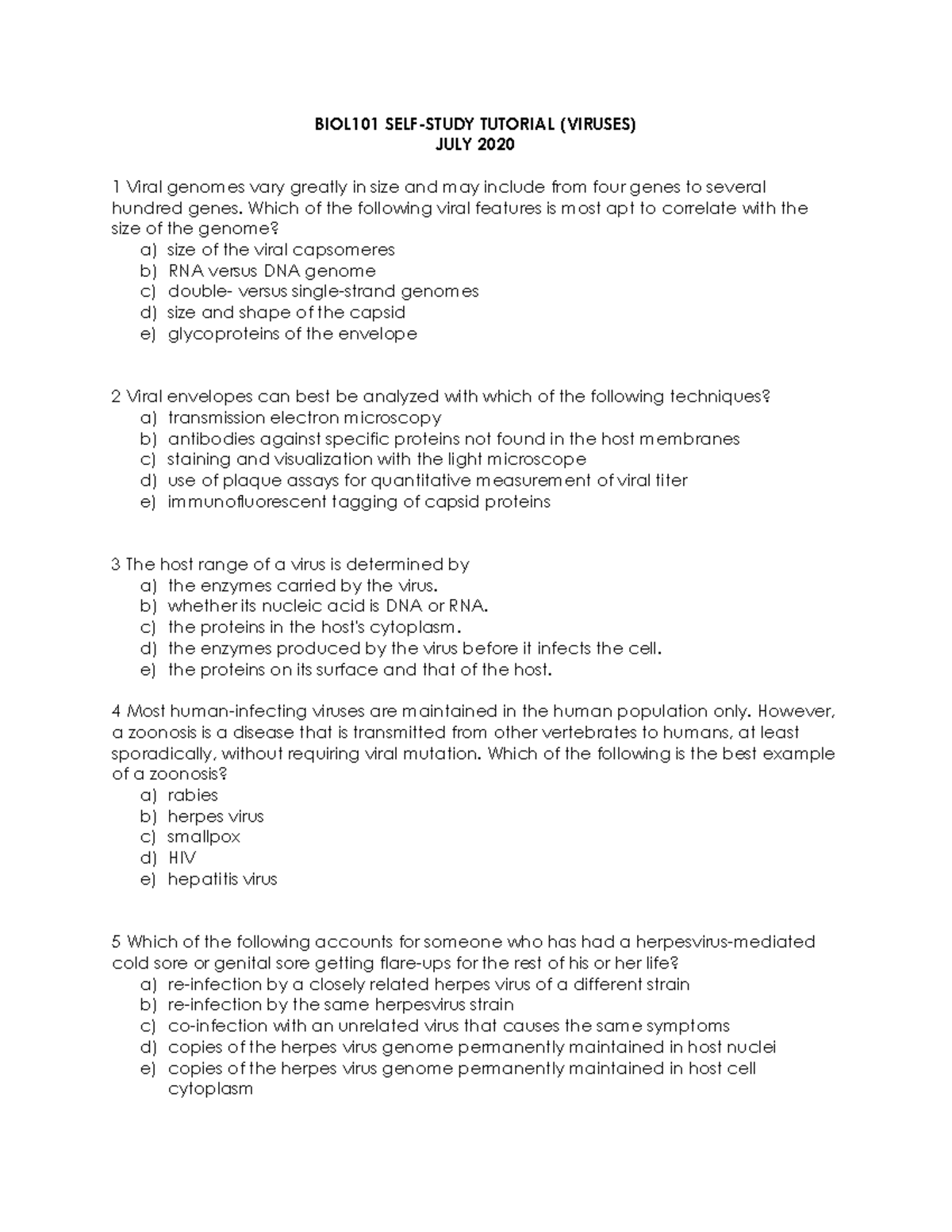 BIOL101 Self study Viruses 2020 Tutorial - BIOL101 SELF-STUDY TUTORIAL ...