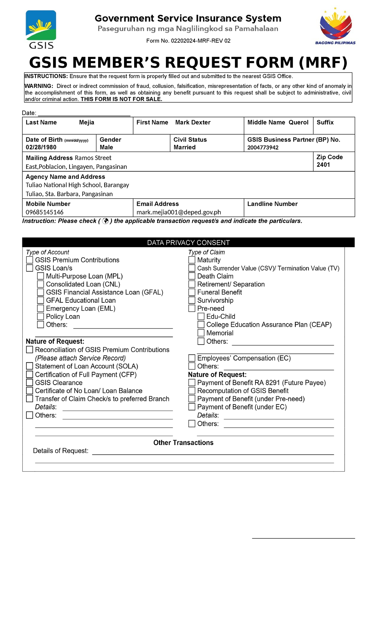 MRF - general - GSIS MEMBER’S REQUEST FORM (MRF) INSTRUCTIONS: Ensure that the request form is ...