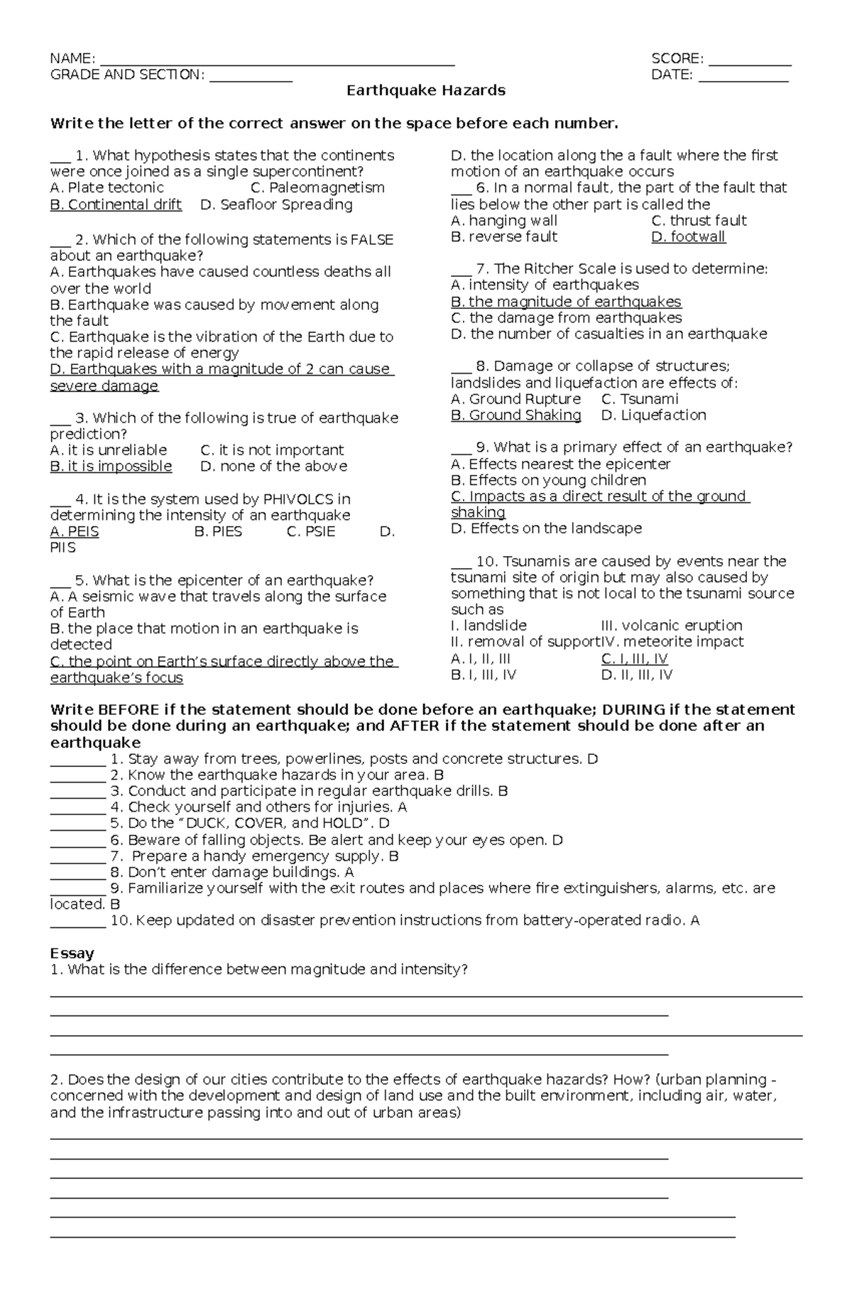 Earthquake Hazards 2 - NAME ...