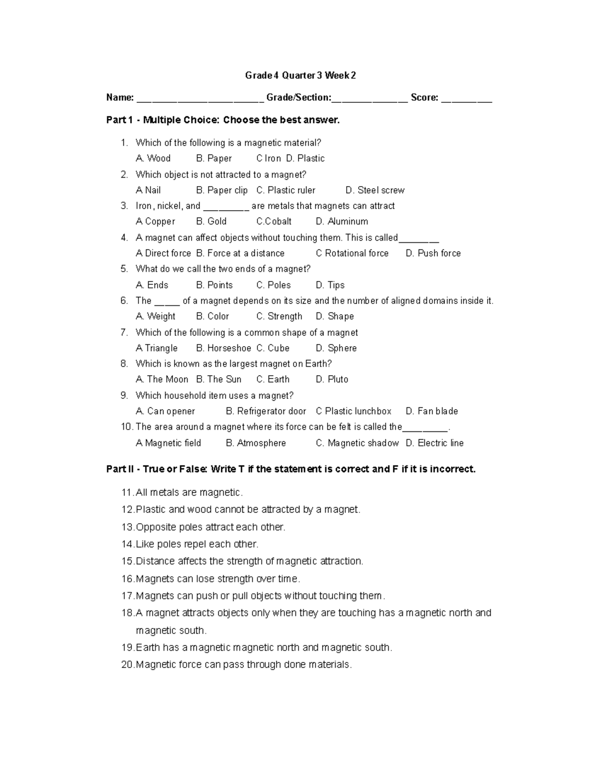 Grade 4 Science Quiz: Magnetism Concepts and Principles - Studocu