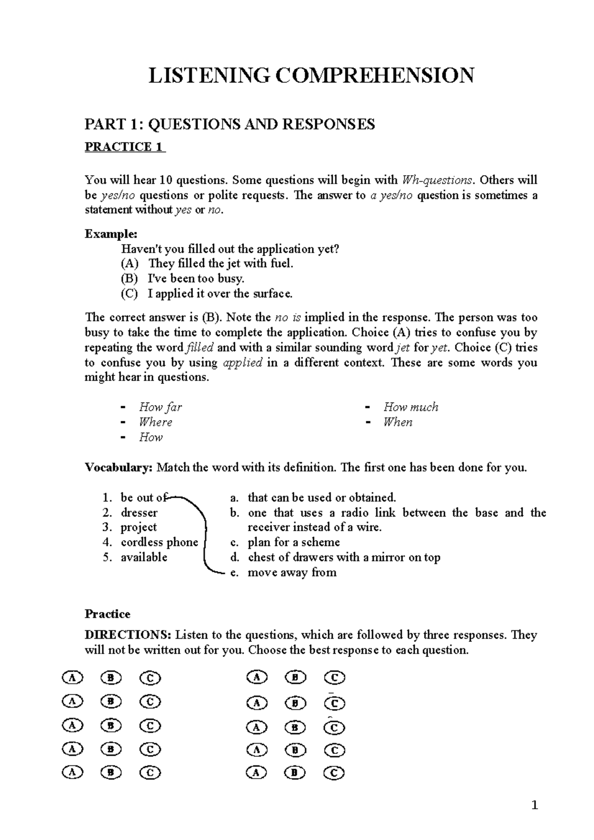 File 9 Listening exercises - LISTENING COMPREHENSION PART 1: QUESTIONS ...