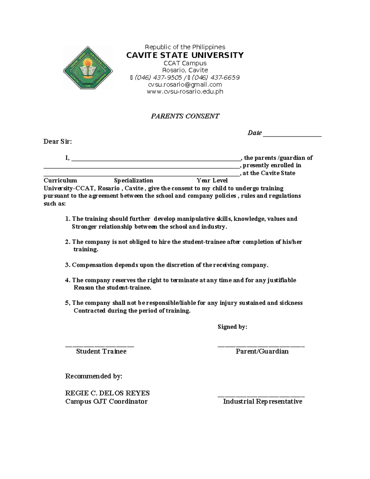 OJT Parent Consent Form - Cavite State University (046) - Studocu