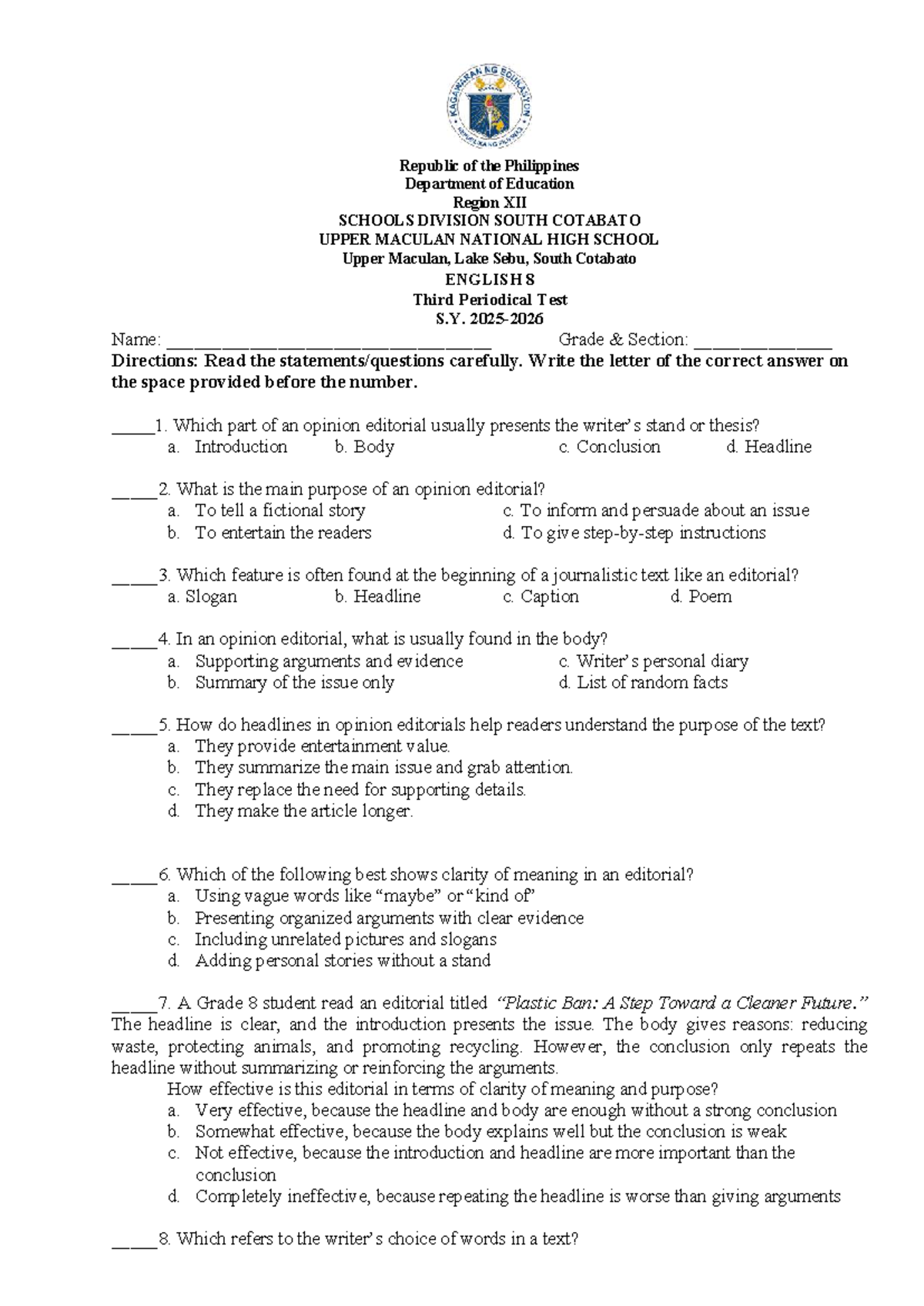 English 8 - 3rd Periodical Test Review and Practice - Studocu