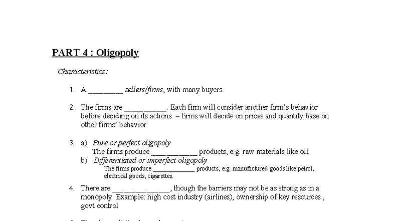 Worksheet 4: Oligopoly Characteristics and Theories - Studocu