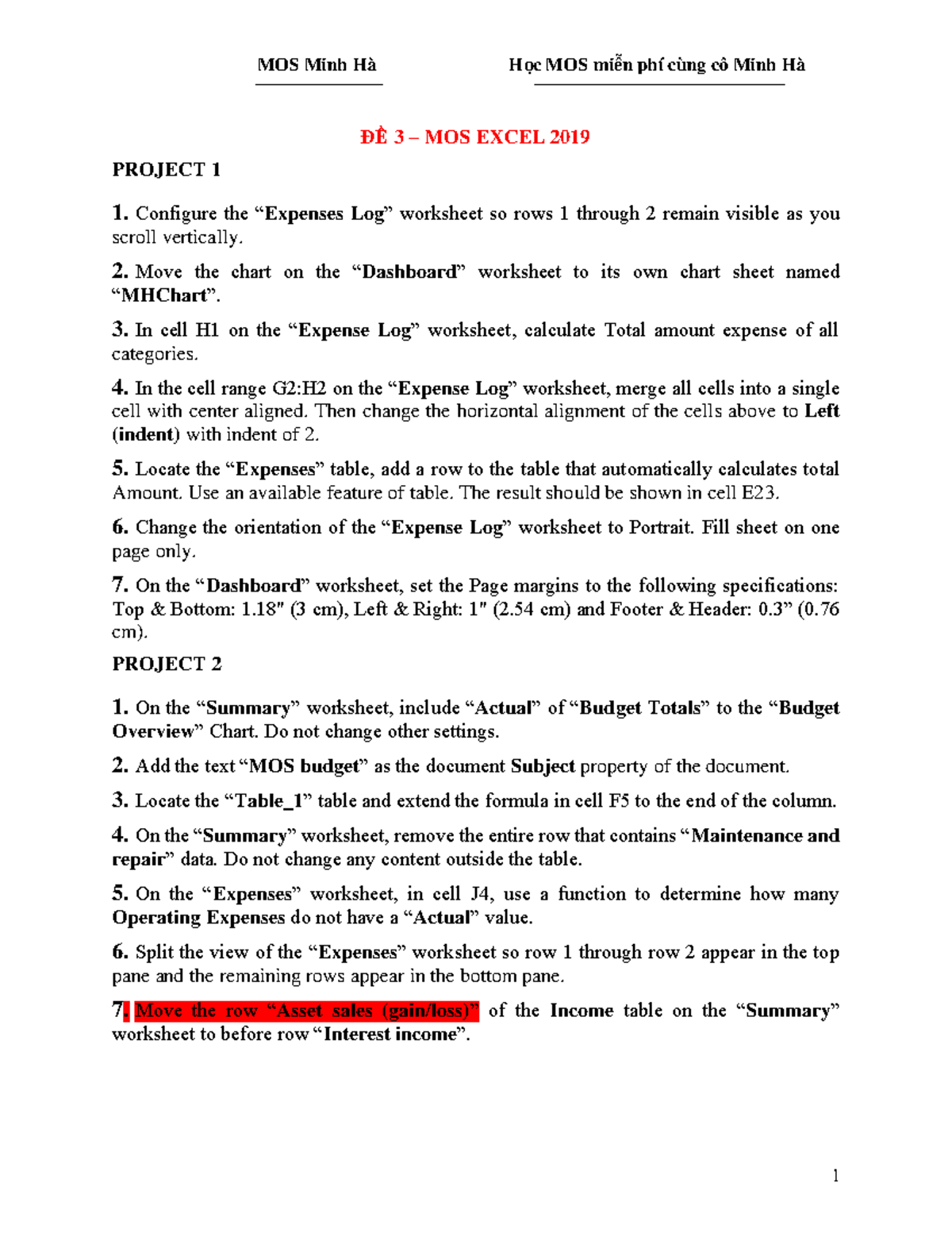 Đề 3 - Thực hành MOS Excel 2019: Từ dự án 1 đến 4 - Studocu