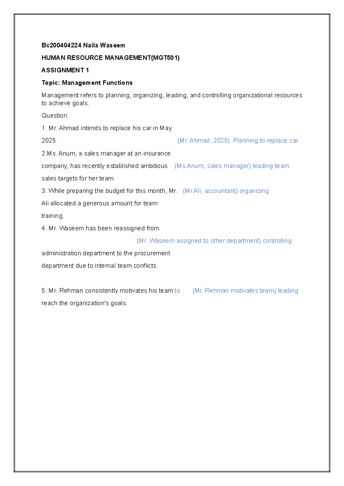 Mgt501 Assignment 1 Management Functions Overview Studocu