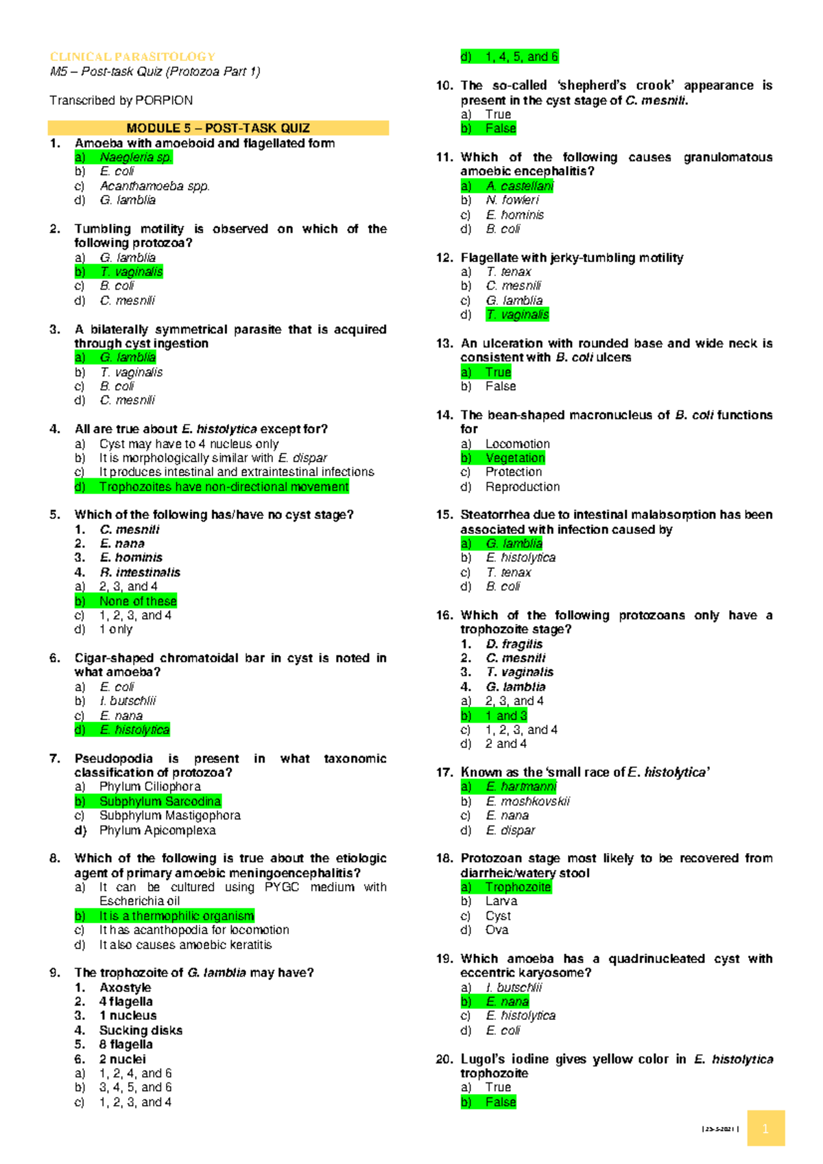 [QUIZ] Protozoa: Clinical Parasitology Overview (BS Med Tech 2nd Year ...