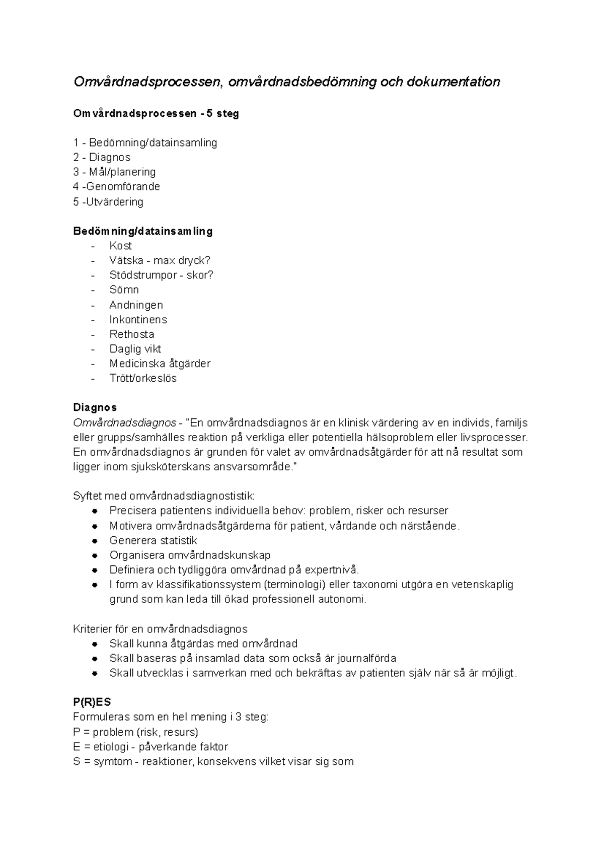 Omvårdnadsprocessen och dokumentation: En omfattande guide - Studocu