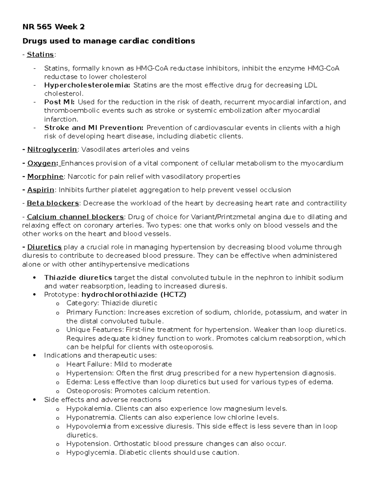NR 565 Week 2: Cardiovascular Drug Management Overview - Studocu