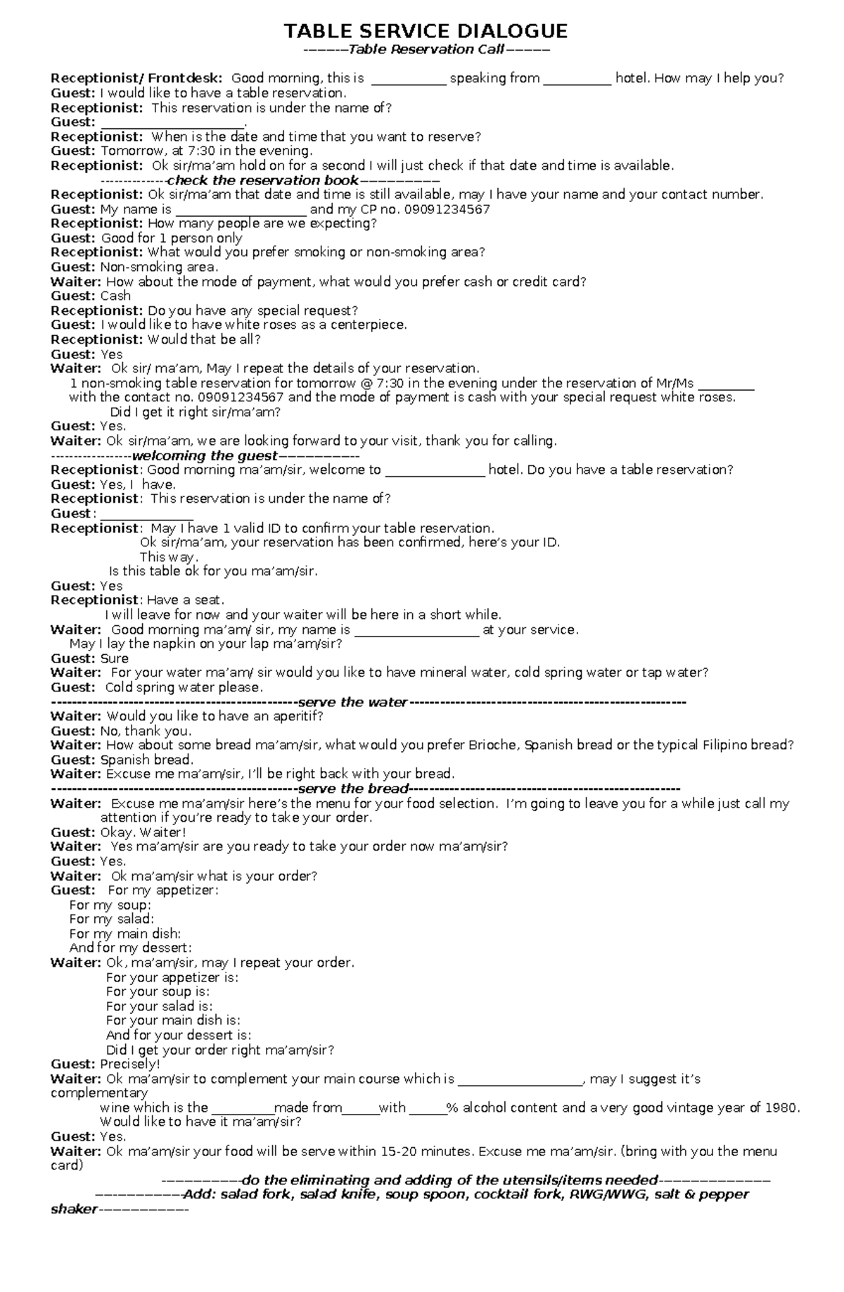 Table Service- Dialogue - TABLE SERVICE DIALOGUE -Table Reservation ...