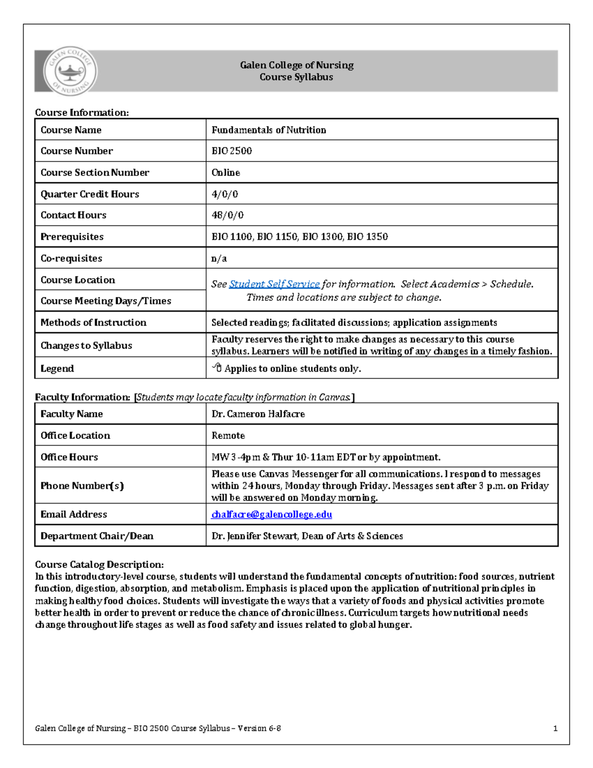Galen College of Nursing BIO 2500 Fundamentals of Nutrition Course ...