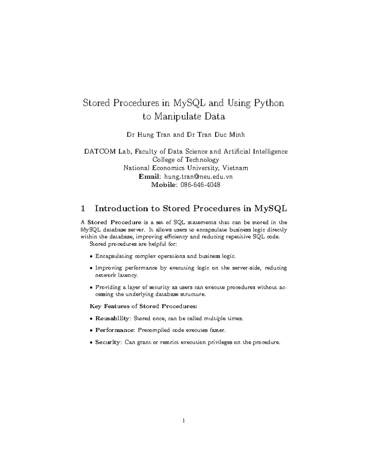 DBMS Lecture 4: Stored Procedures in MySQL & Python Integration - Studocu