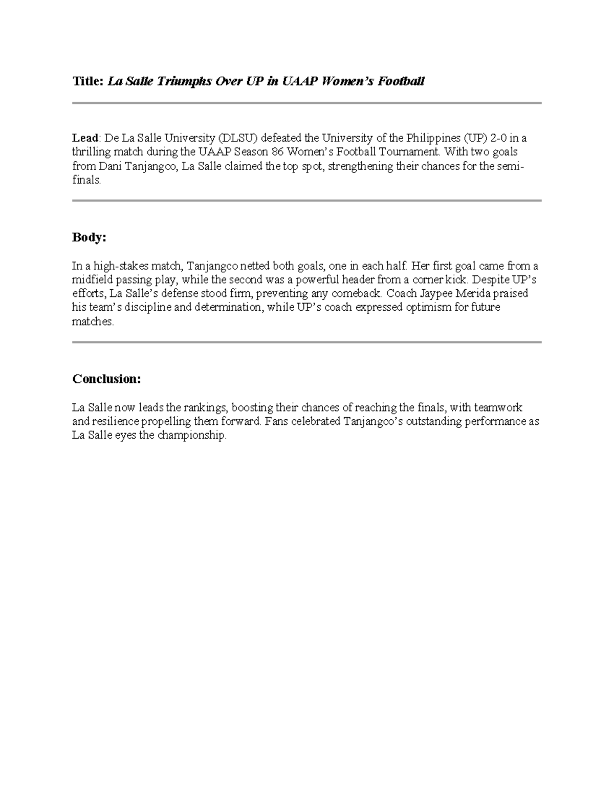 Sample Article 1 - For sports writing - Title: La Salle Triumphs Over ...