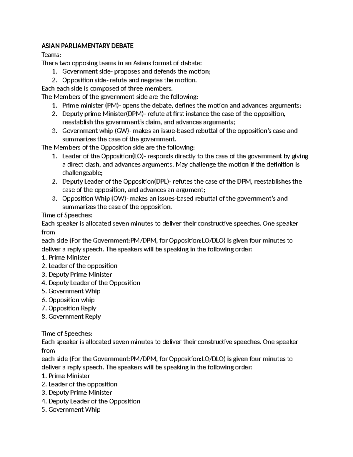 Asian Parliamentary Debate Structure and Team Roles - Studocu