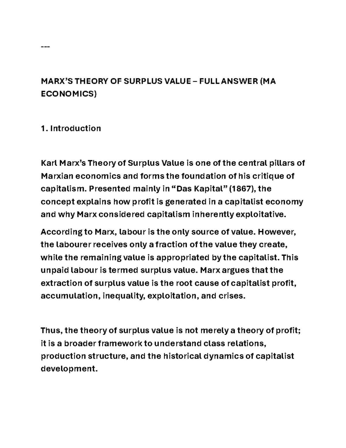 THEORY OF SURPLUS VALUE: A CRITICAL ANALYSIS (MA ECONOMICS) - Studocu