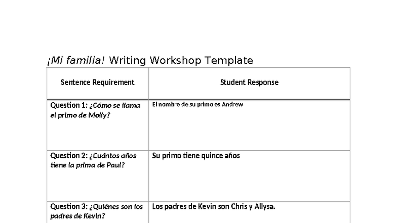Mi Familia Writing Workshop Template - Spanish Language Practice - Studocu